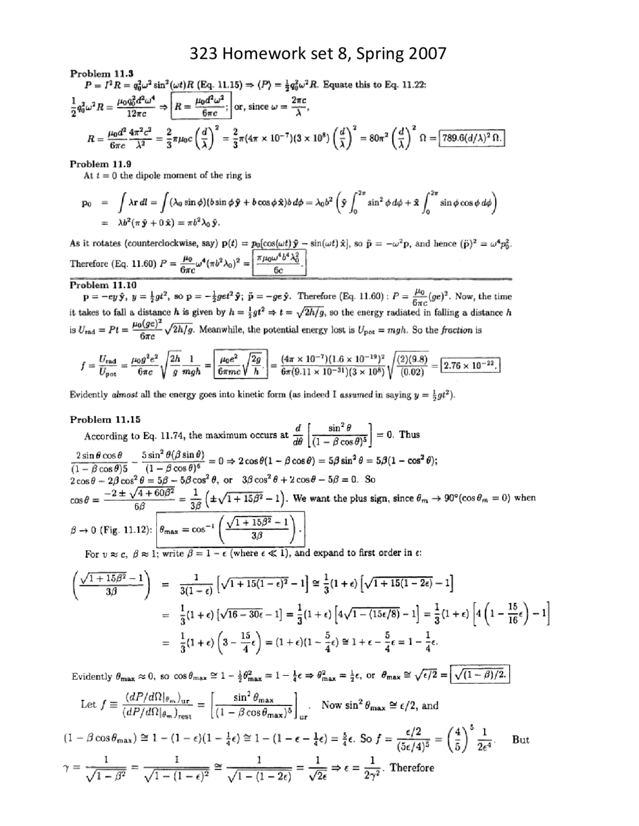 Homework Set 8 Problems With Solution Electromagnetism Phys 323
