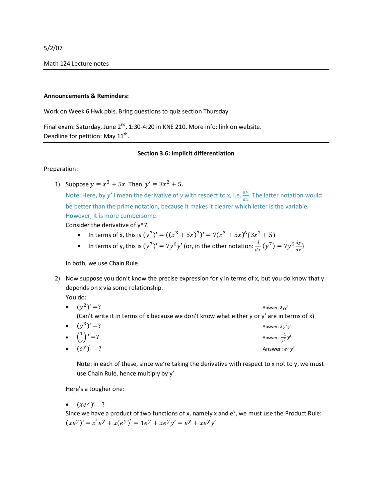 Implicit Differentiation - Calculus with Analytic Geometry I | MATH 124 - Docsity