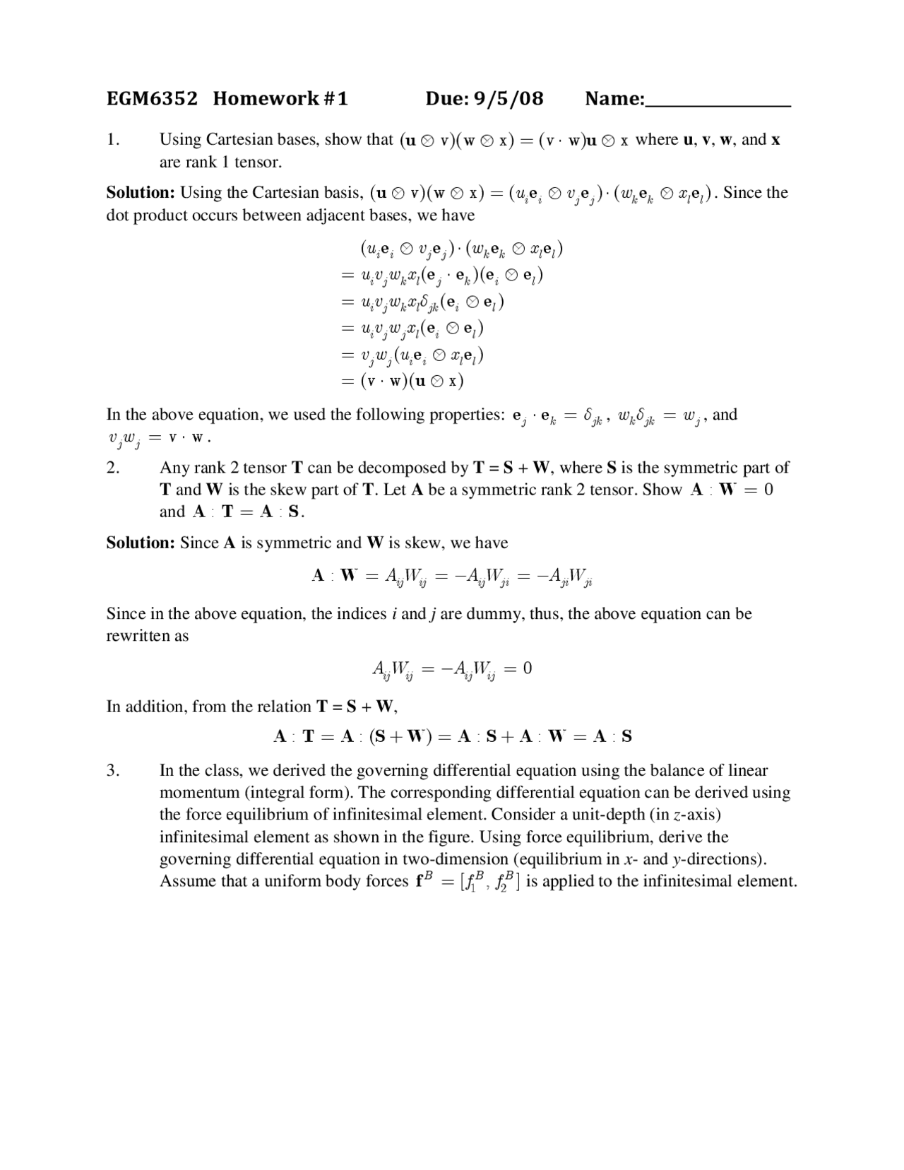 Homework I Solutions For Advanced Finite Element Methods Egm 6352