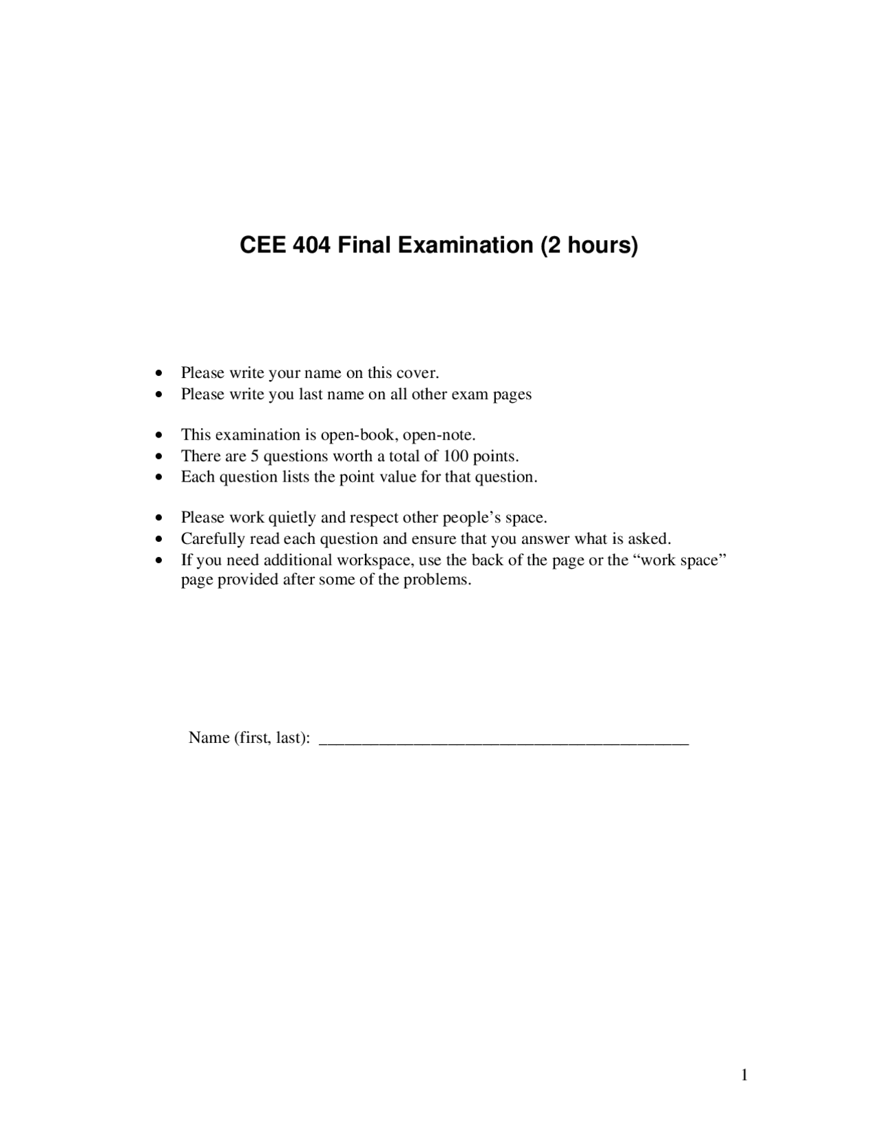 CEE 404 Final Examination: Questions and Problems - Prof. Stephen ...