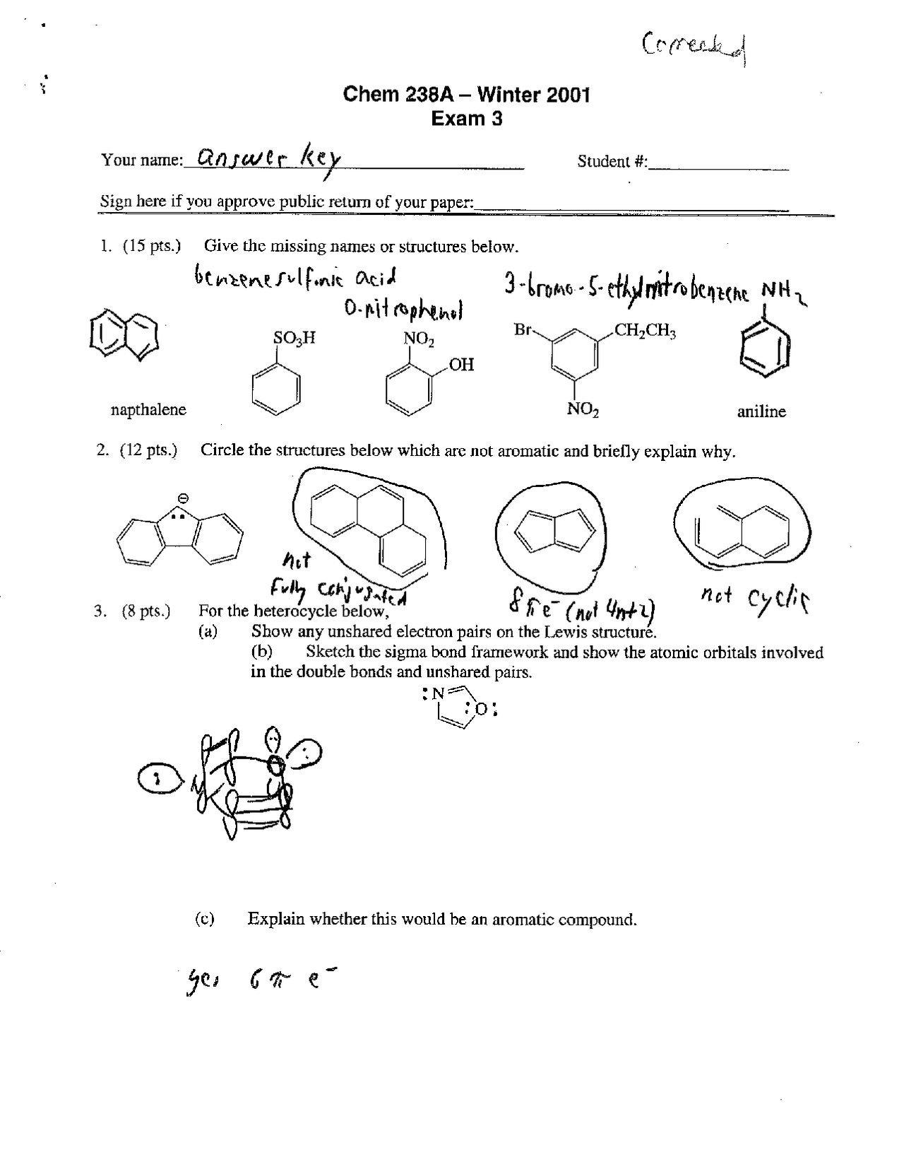 Exam 3 Solutions - Organic Chemistry Winter 2001 | CHEM 238 - Docsity
