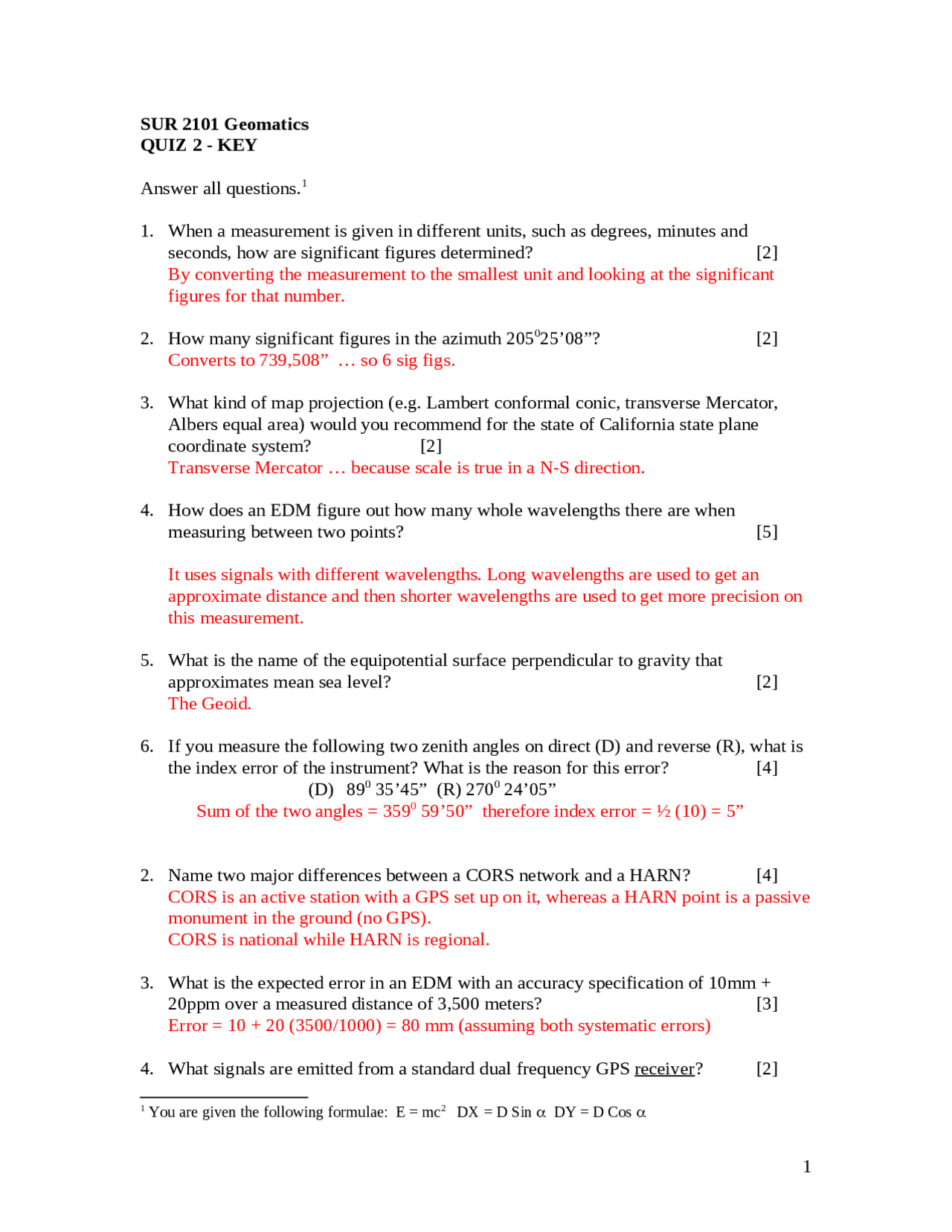 Quiz 2 With Answer Key For Geometrics Sur 2101 Docsity