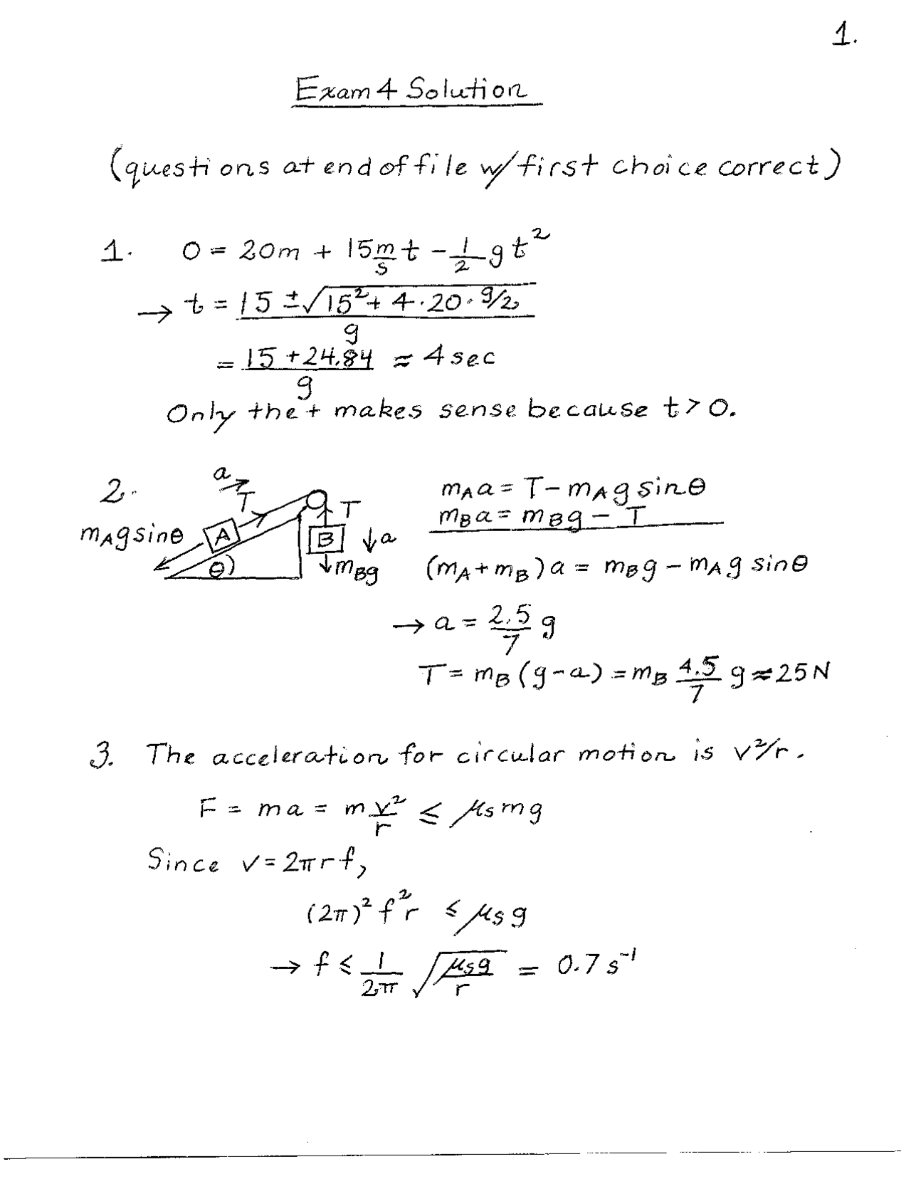 Solutions Of Exam 4 On Physics With Calculus 1 Phy 2048 Docsity
