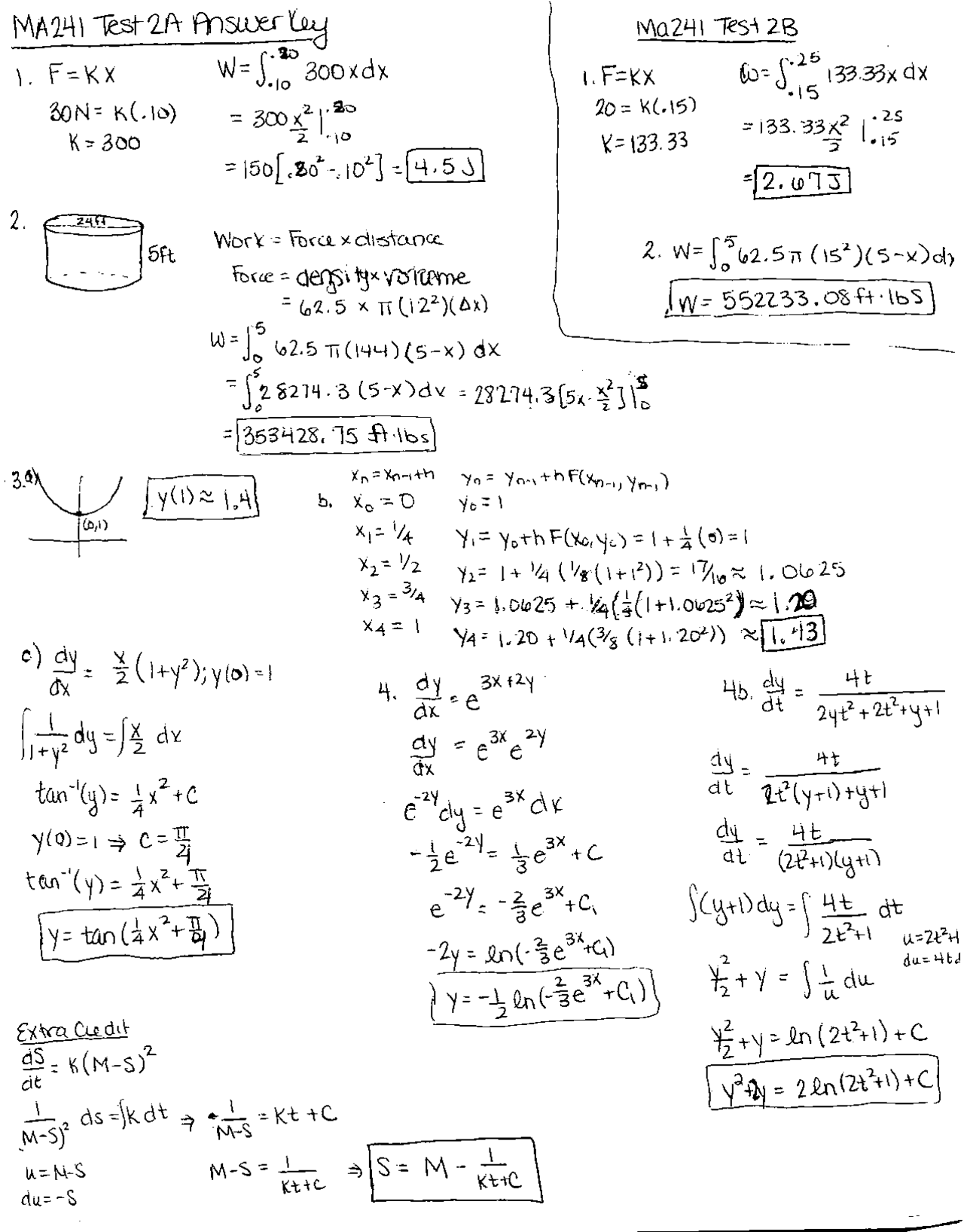 Test 2A with Answer Key - Calculus II | MA 241 | Exams Calculus | Docsity