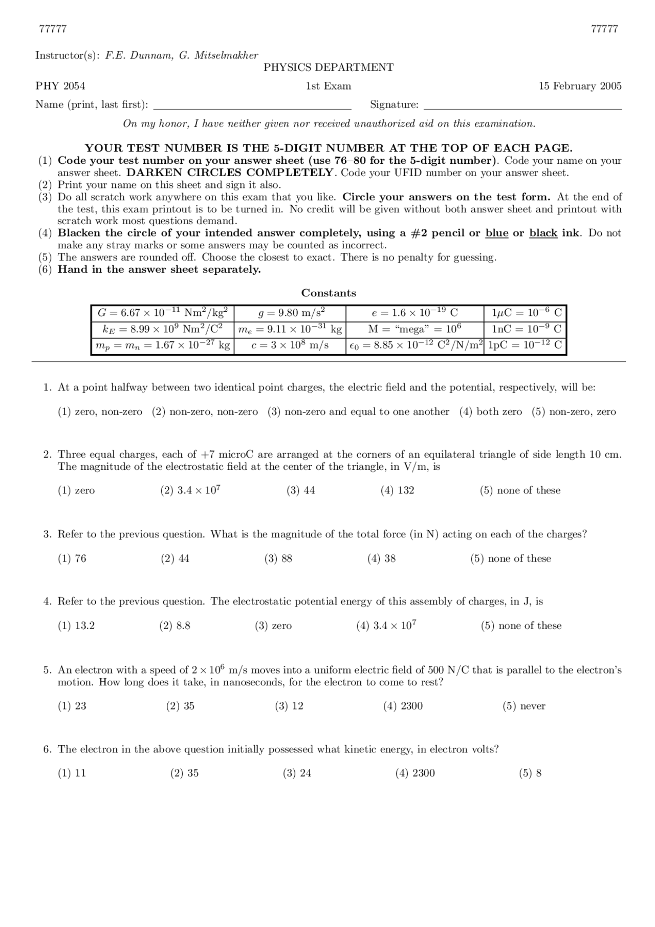 Final Exam Questions 2005 Physics Ii Phy 2054 Docsity