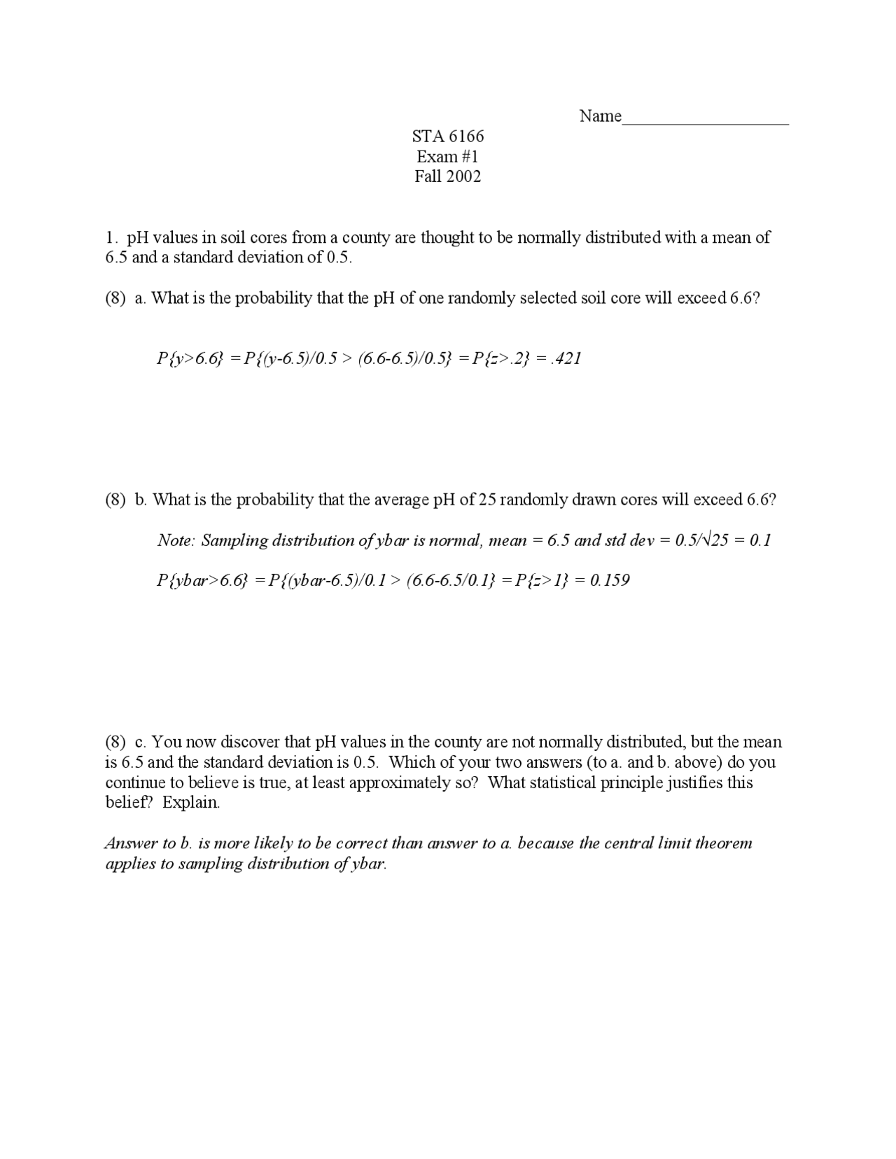 Exam 1 with Solution on Statistics Math | STA 6166 - Docsity