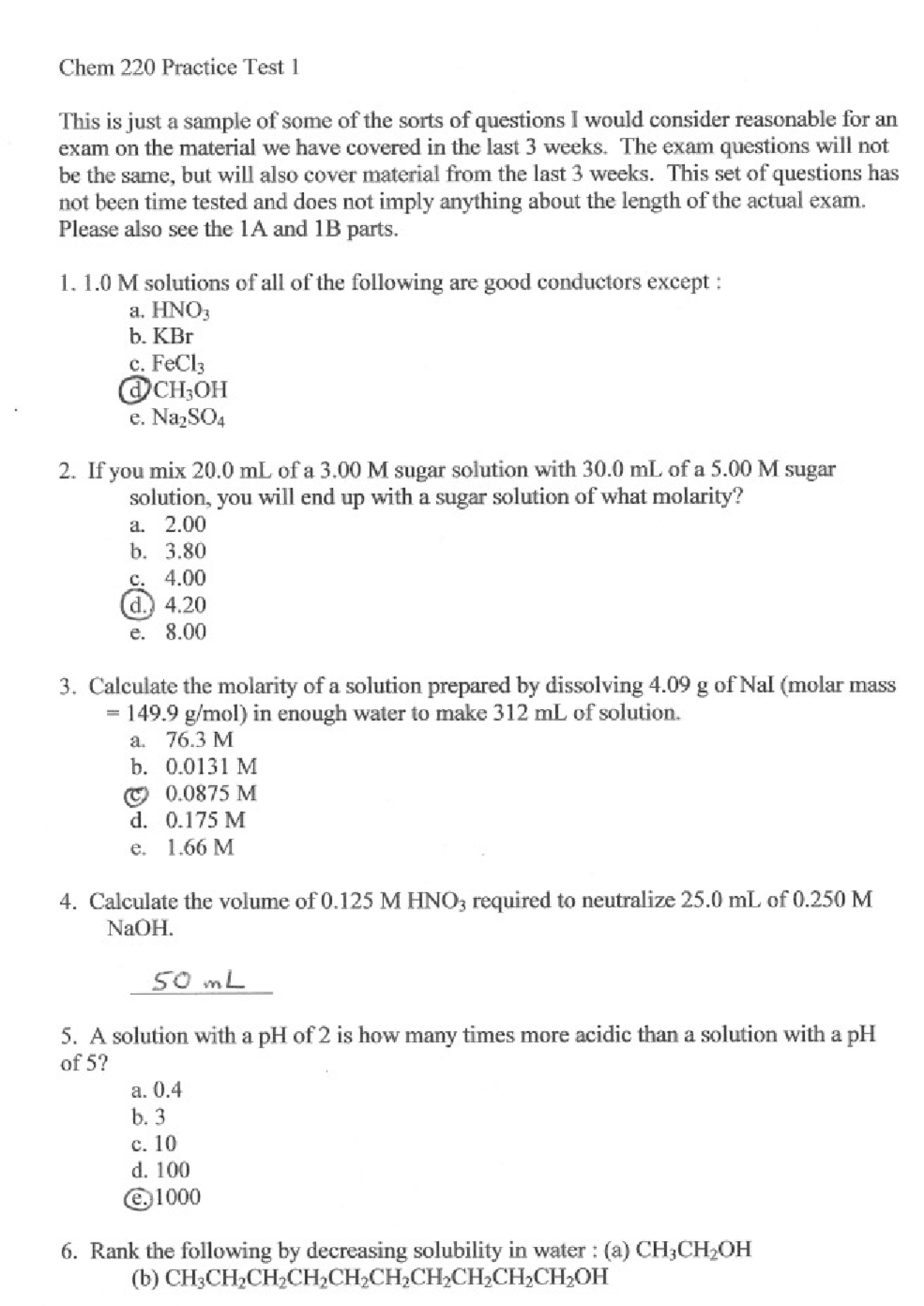 Practice Test 1 With Solution For Principles Of Chemistry Ii Chem 220