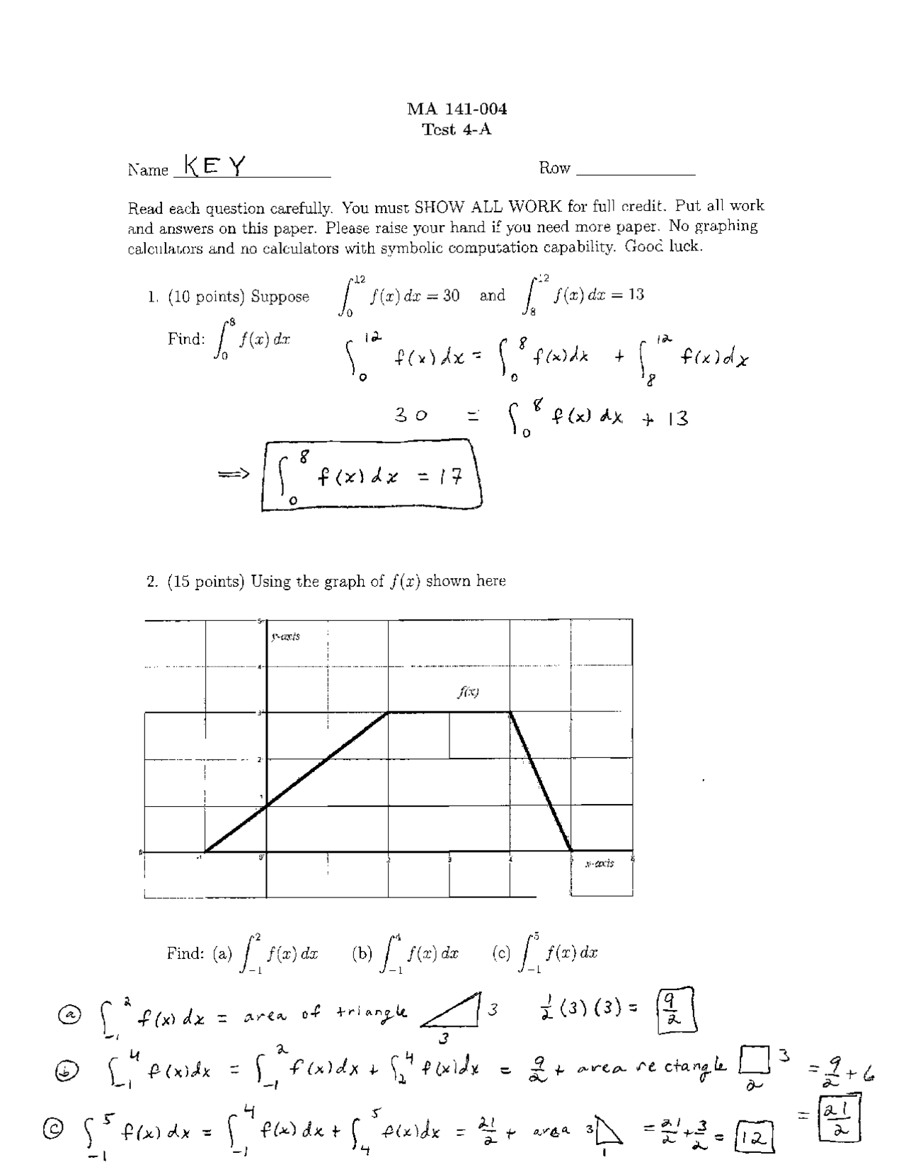 Calculus I Test 4a With Answer Key Ma 141 Docsity