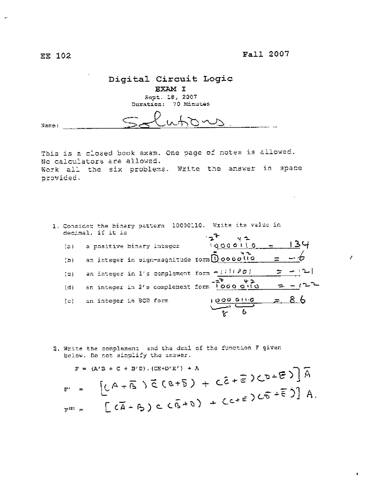 Exam 1 With Solutions Digital Circuit Logic Ece 102 Docsity