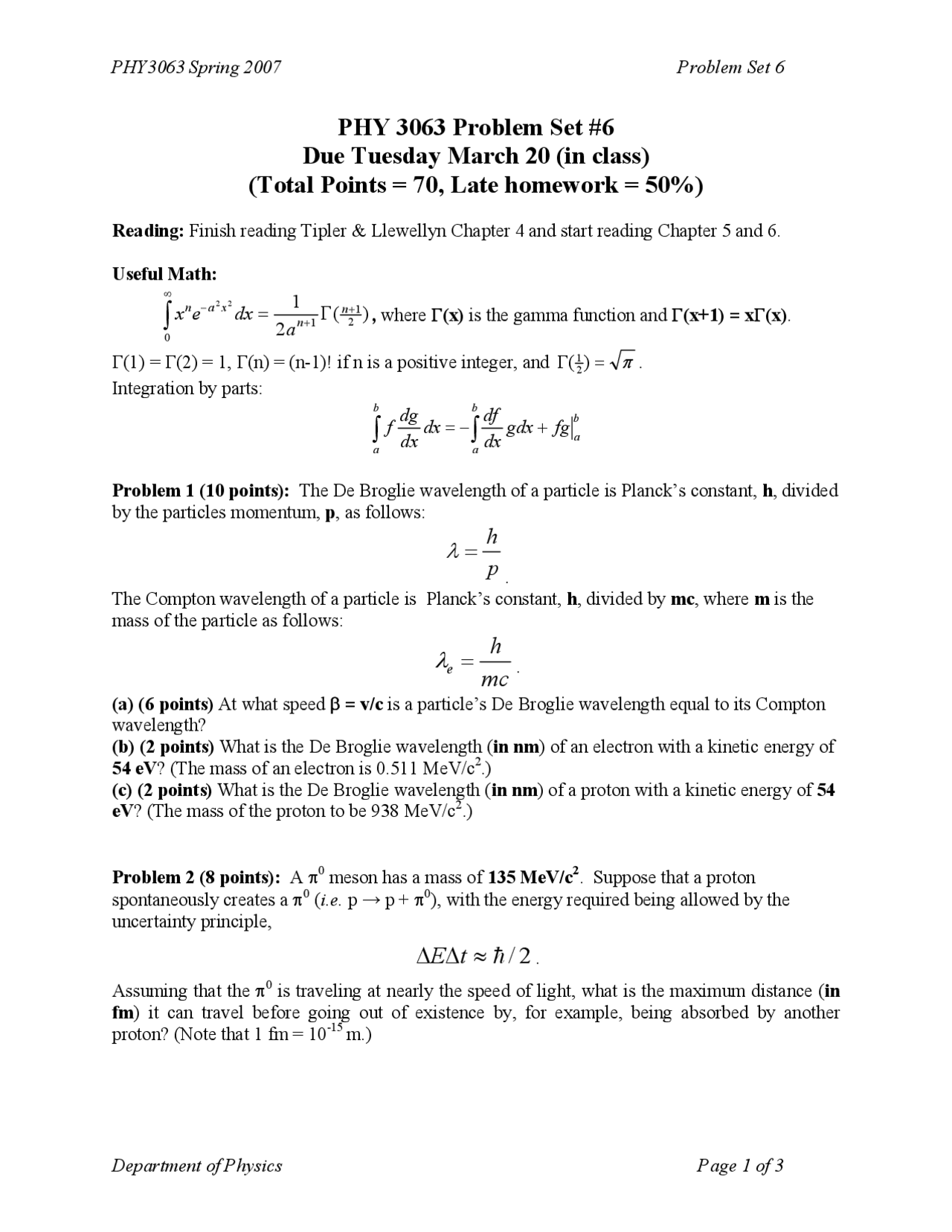 Problem Set 6 Enriched Modern Physics Phy 3063 Docsity