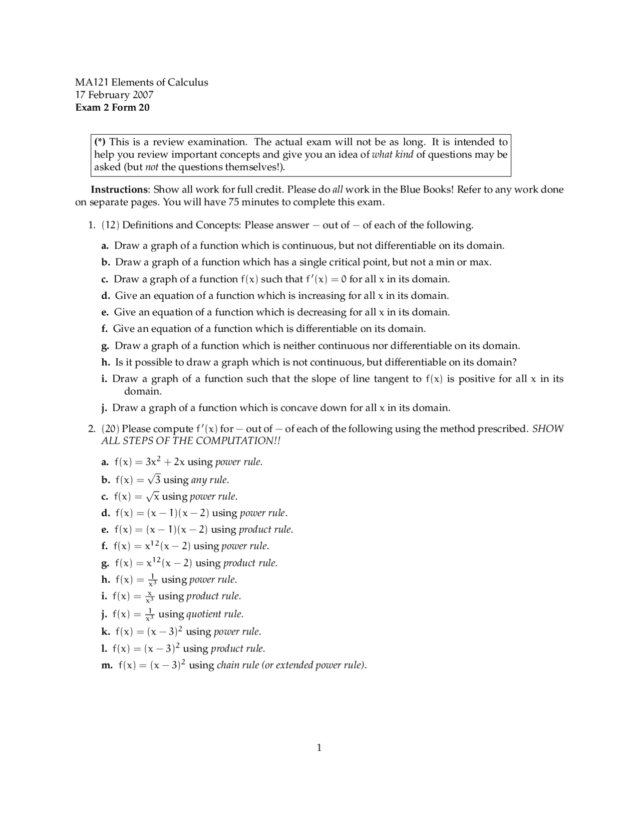 8 Multiple Choice Questions of Elements of Calculus - Exam 2 | MA 121 | Exams Calculus | Docsity