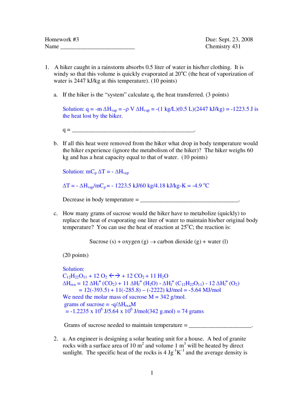 Homework 3 Questions On Physical Chemistry I With Solutions Ch 431