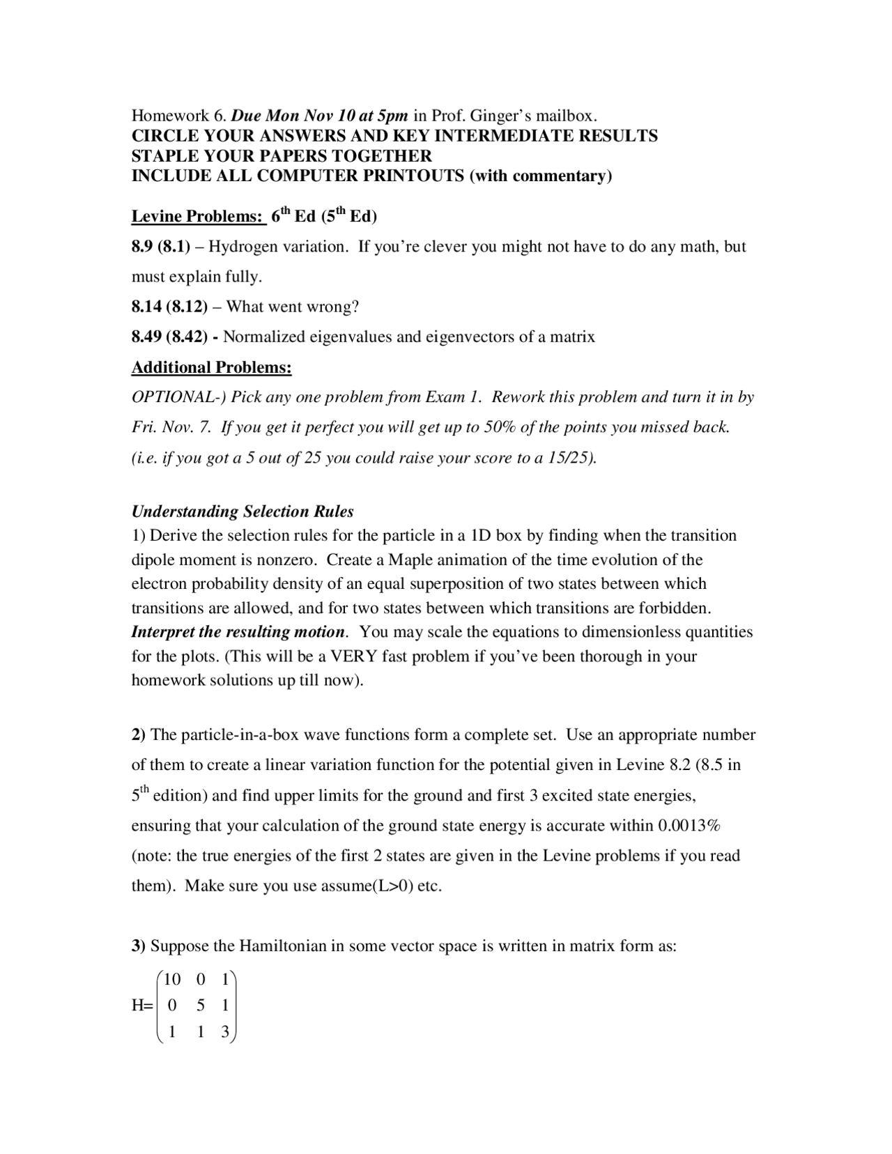 Homework 6 Problems Introduction Quantum Chemistry Chem 550 Docsity