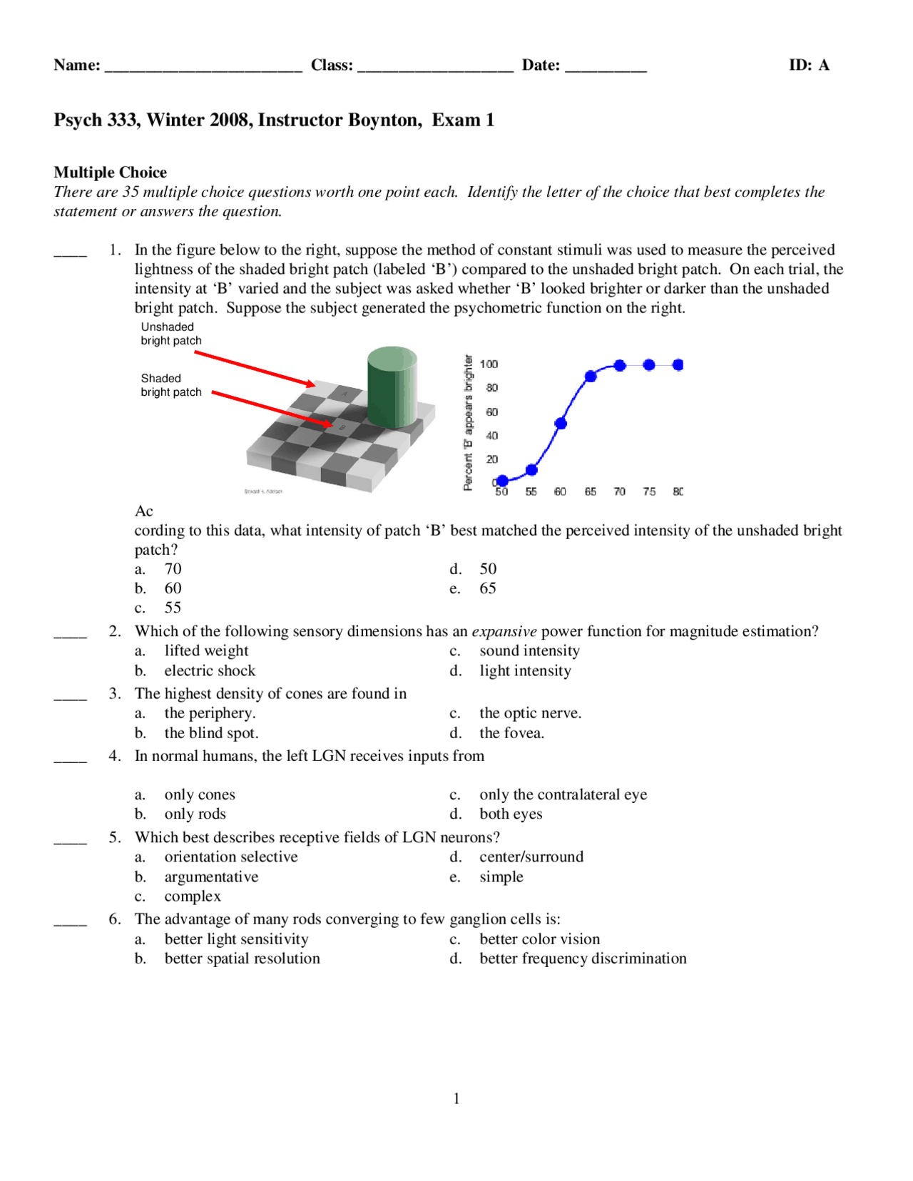 Exam 1 With Solution For Sensory And Perceptual Processes Psych 333