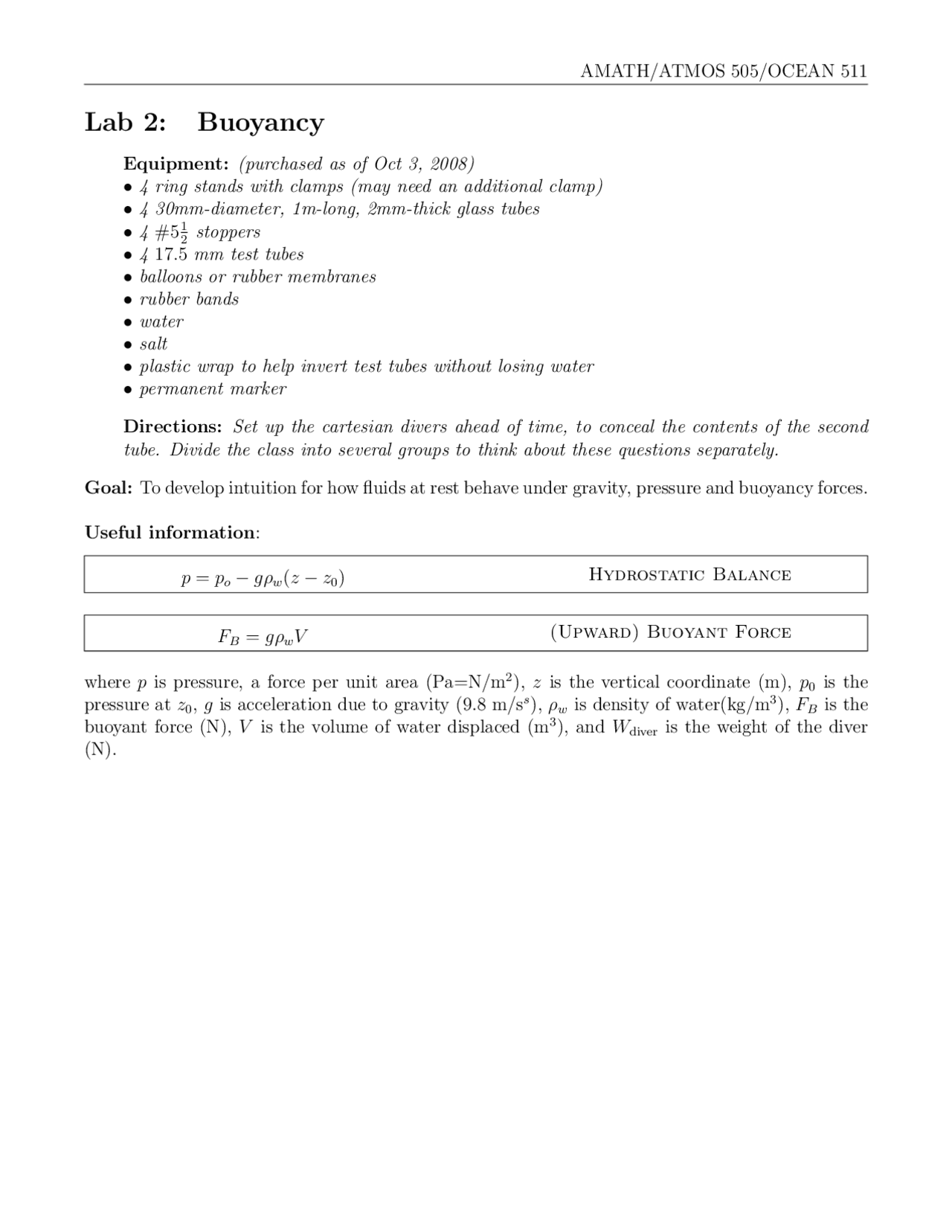 Buoyancy Fluid Dynamics Laboratory 2 Ocean 511 Docsity