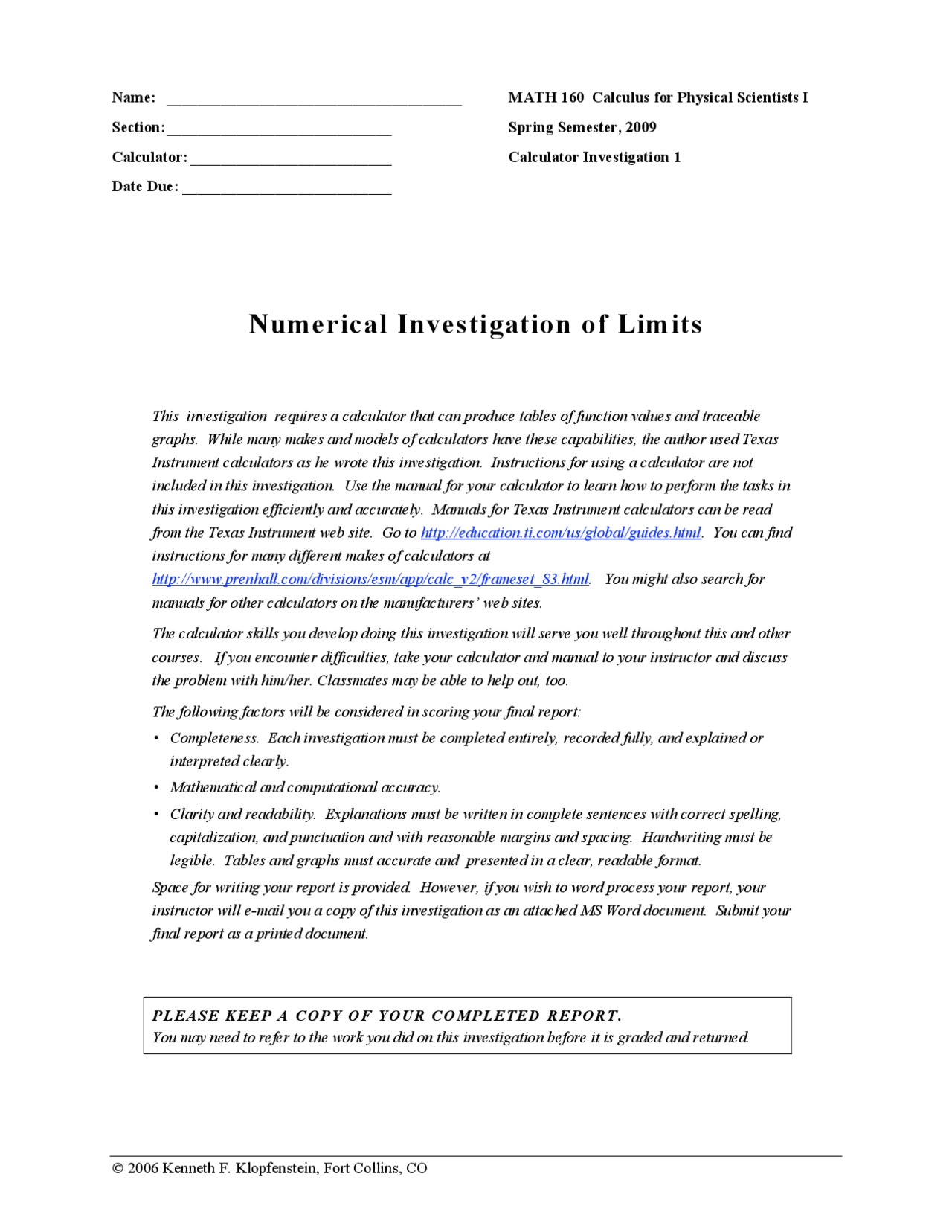 Numerical Investigation Of Limits Handout Math 160 Docsity