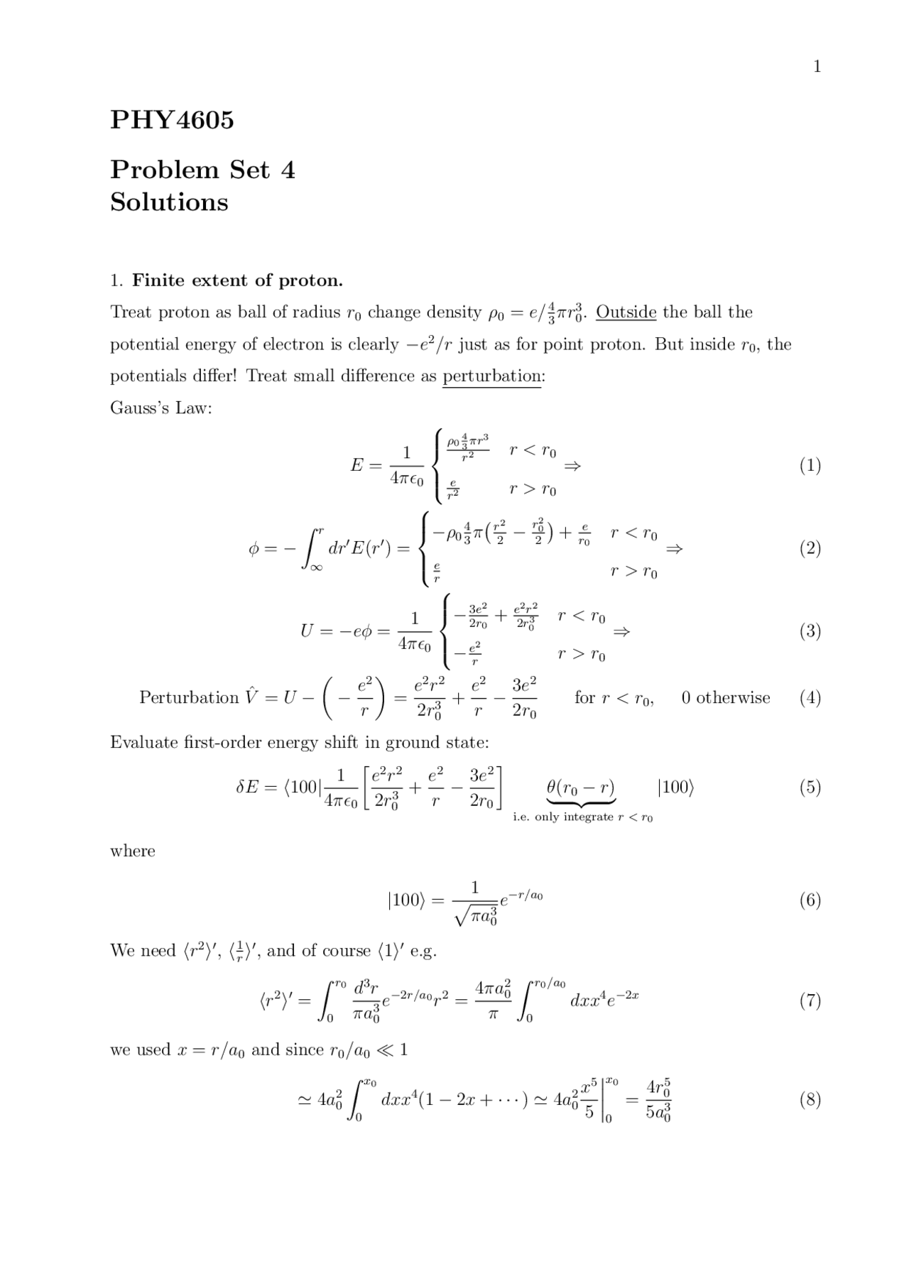 Introduction to Quantum Mechanics II - Problem Set 4 Solution Key | PHY 4605 - Docsity