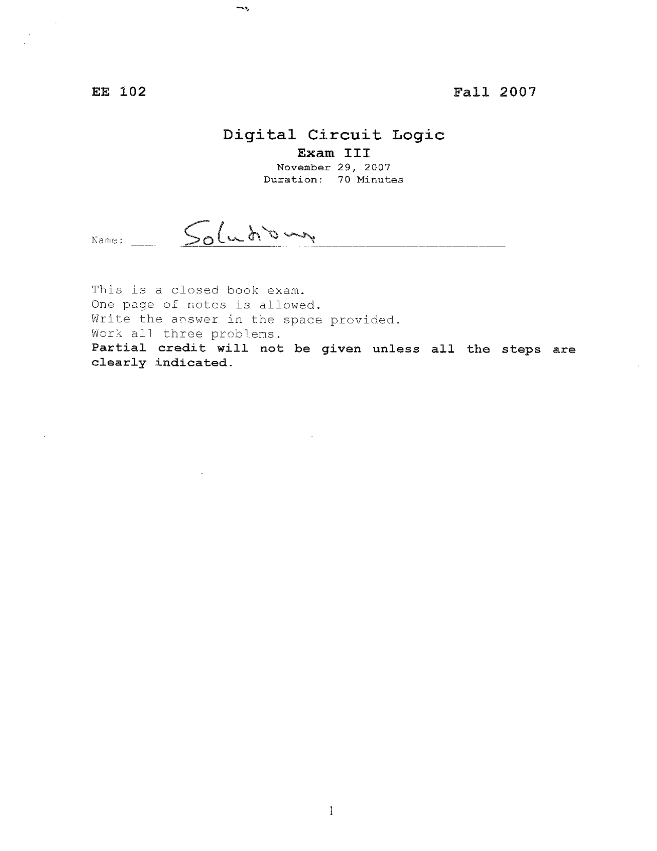 Exam 3 With Solutions Digital Circuit Logic Ece 102 Docsity