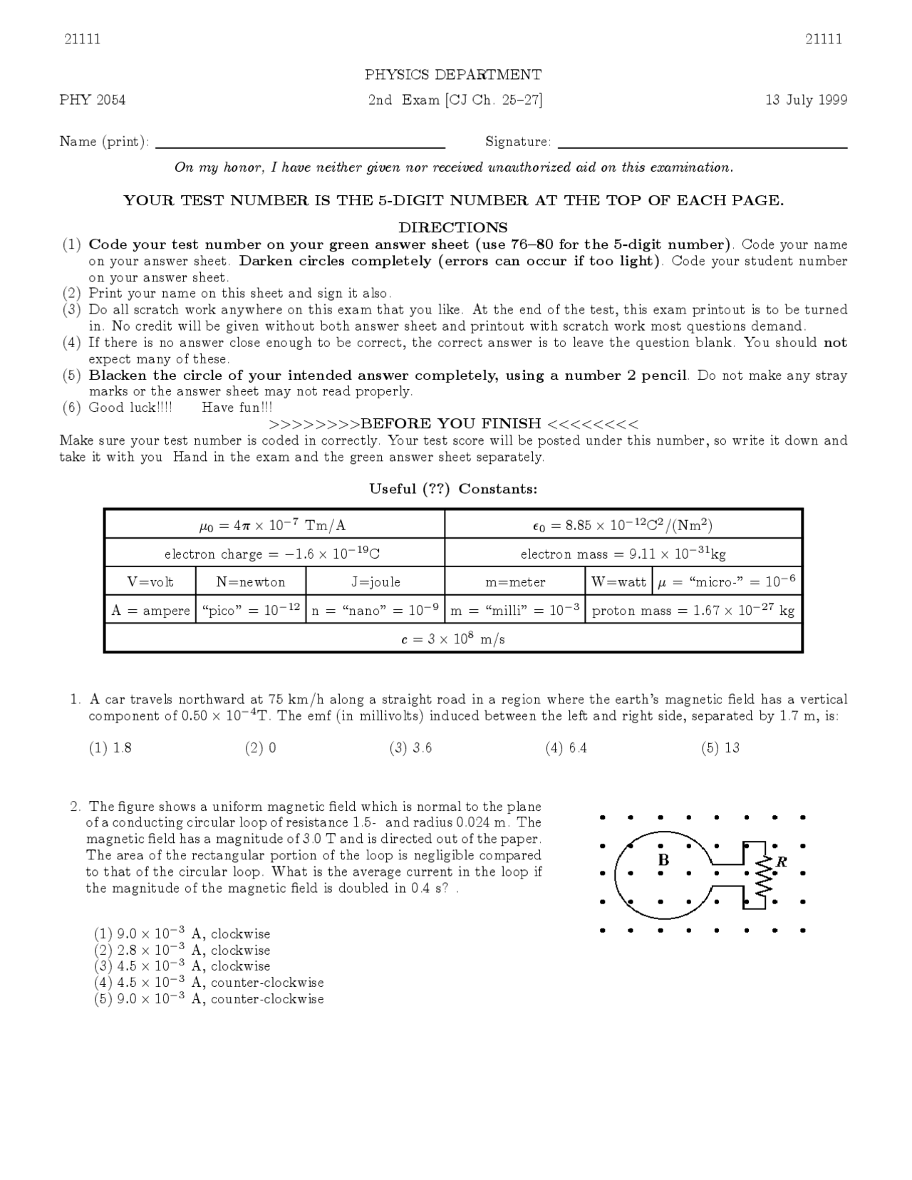 Practice Exam 2 - Physics 2 - 13 July 1999 | PHY 2054 - Docsity