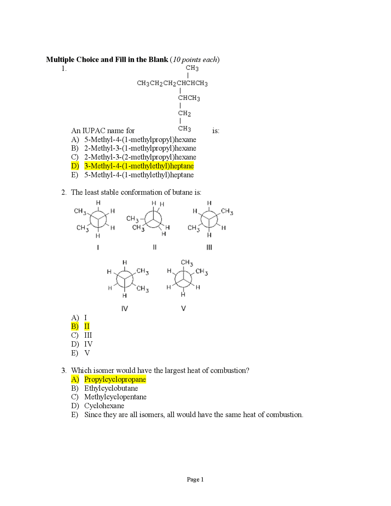 15 Questions Solved For Midterm Exam Honors Organic Chemistry Chem