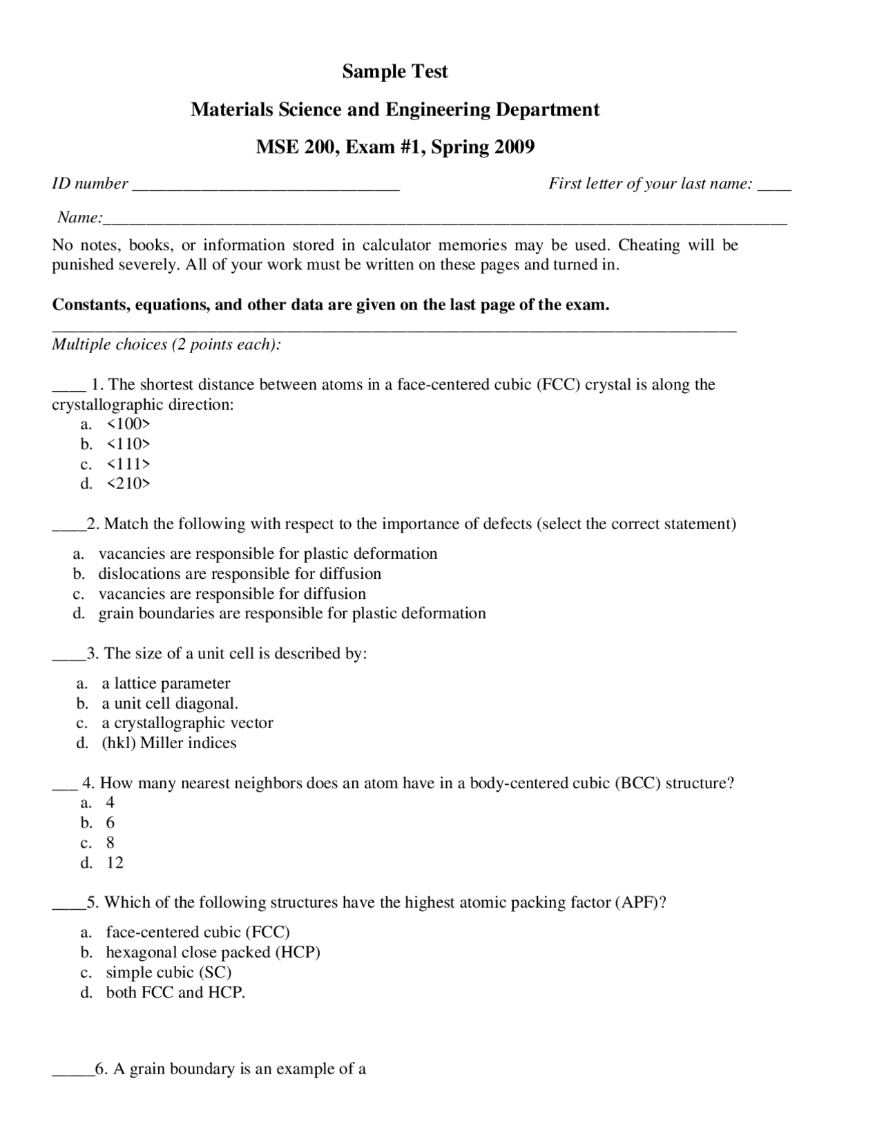 Mechanical Properties of Structural Materials - Sample Exam 1 | MSE 200 ...
