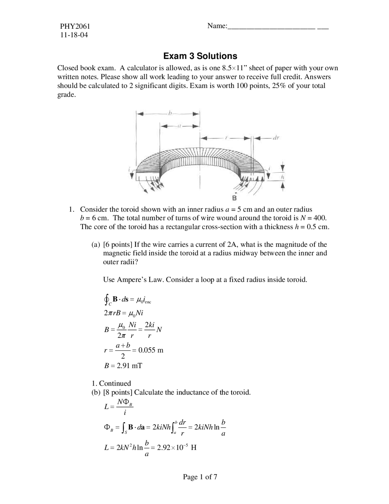 Exam 3 Solution 2004 Enriched Physics Calculus 2 Phy 2061 Docsity