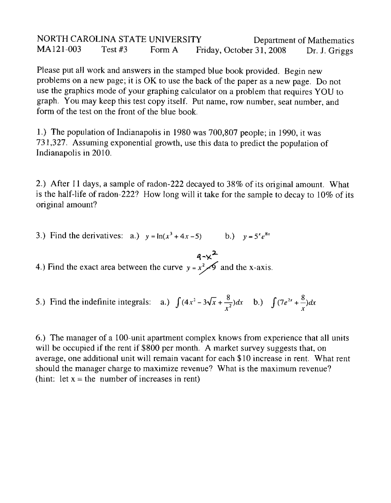 6 Solved Questions on Elements of Calculus for Exam 3 | MA 121 - Docsity