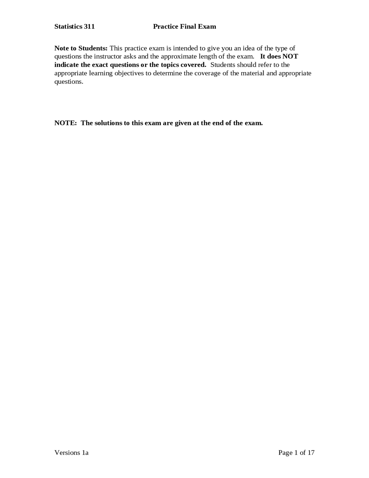 Practice Final Exam Introduction To Statistics For Engineers St 361