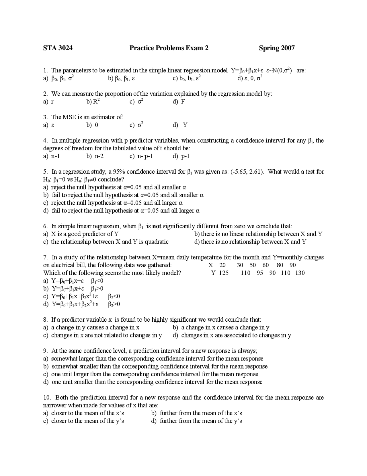 Practice Problems For Exam 2 Introduction To Statistics Ii Sta 3024 Docsity
