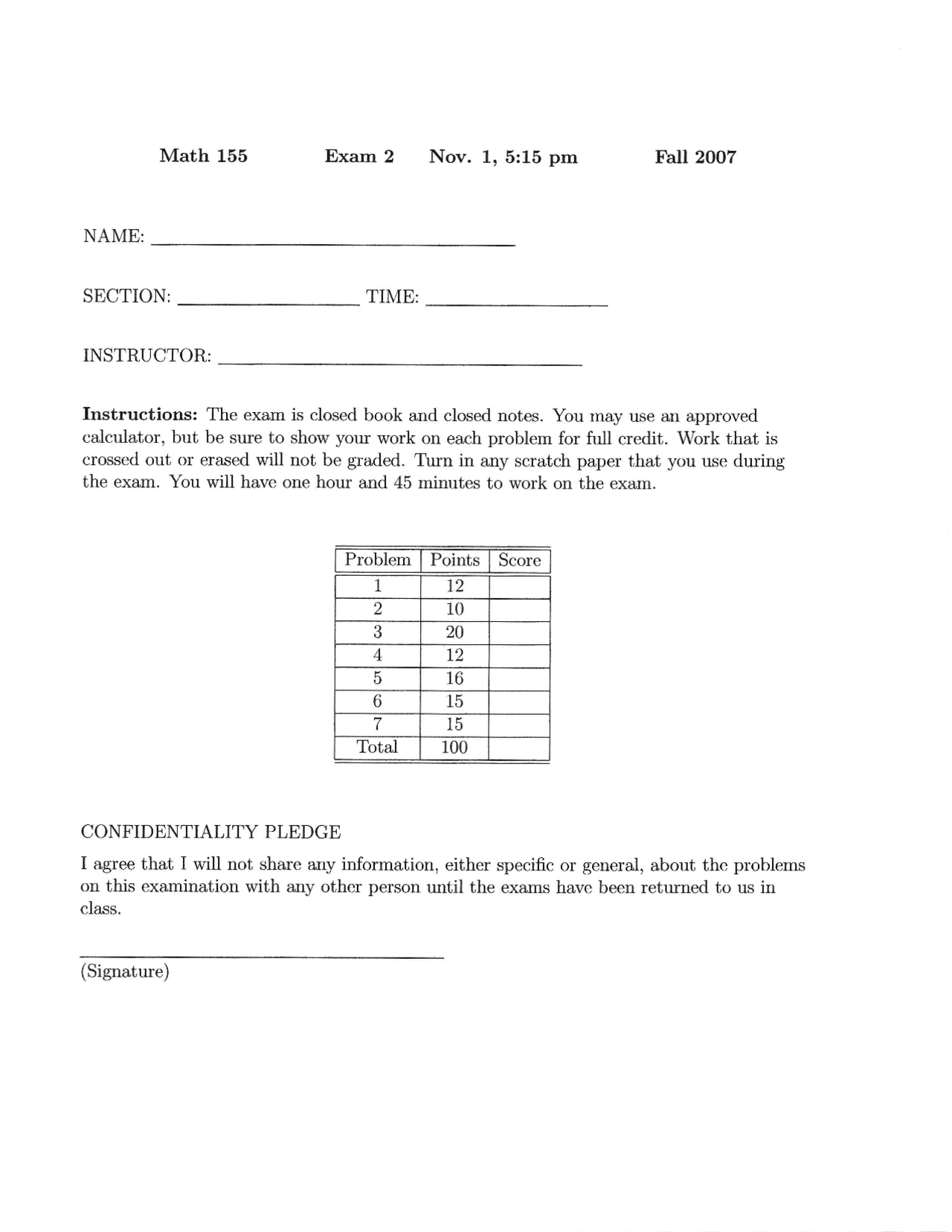 Exam 2 Solutions Calculus For Biological Scientists I Math 155