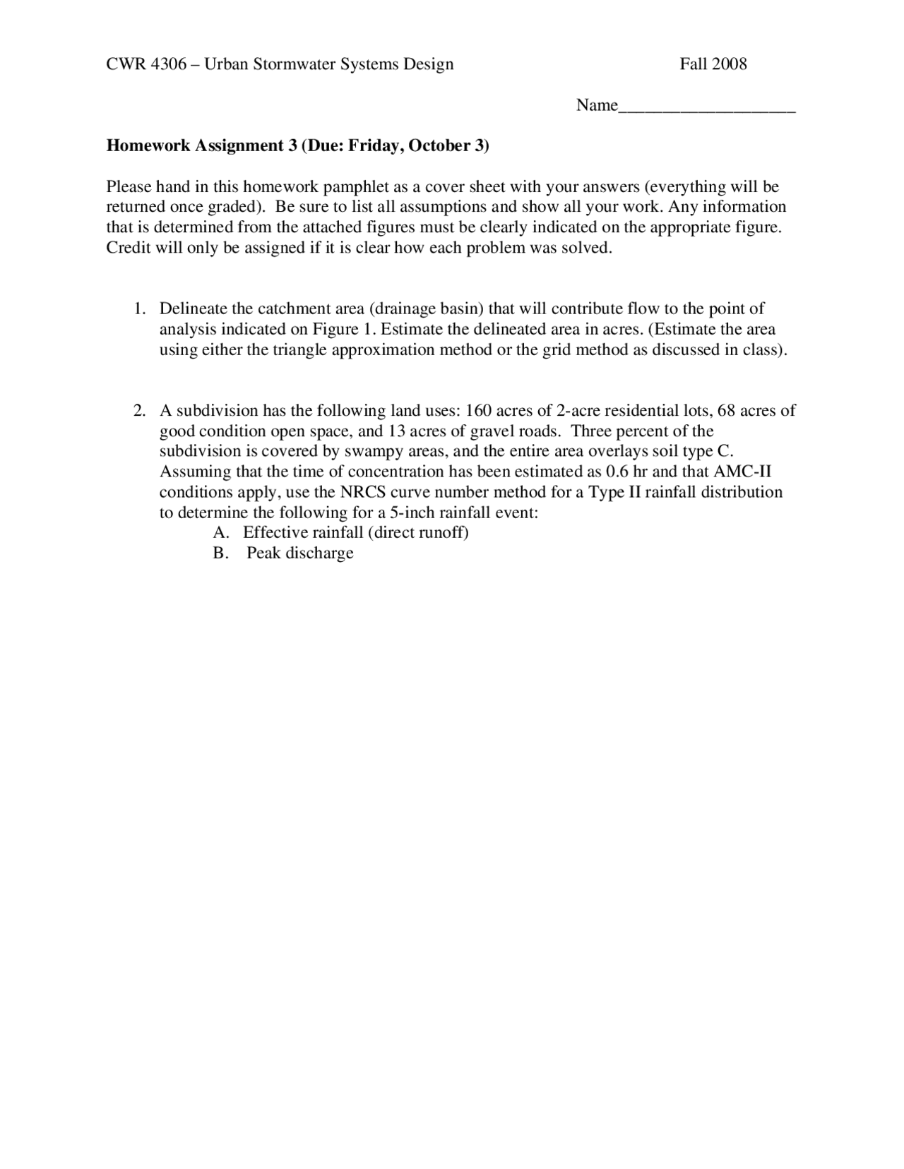 Homework Assignment 3 Urban Stormwater System Design Cwr 4306 Docsity