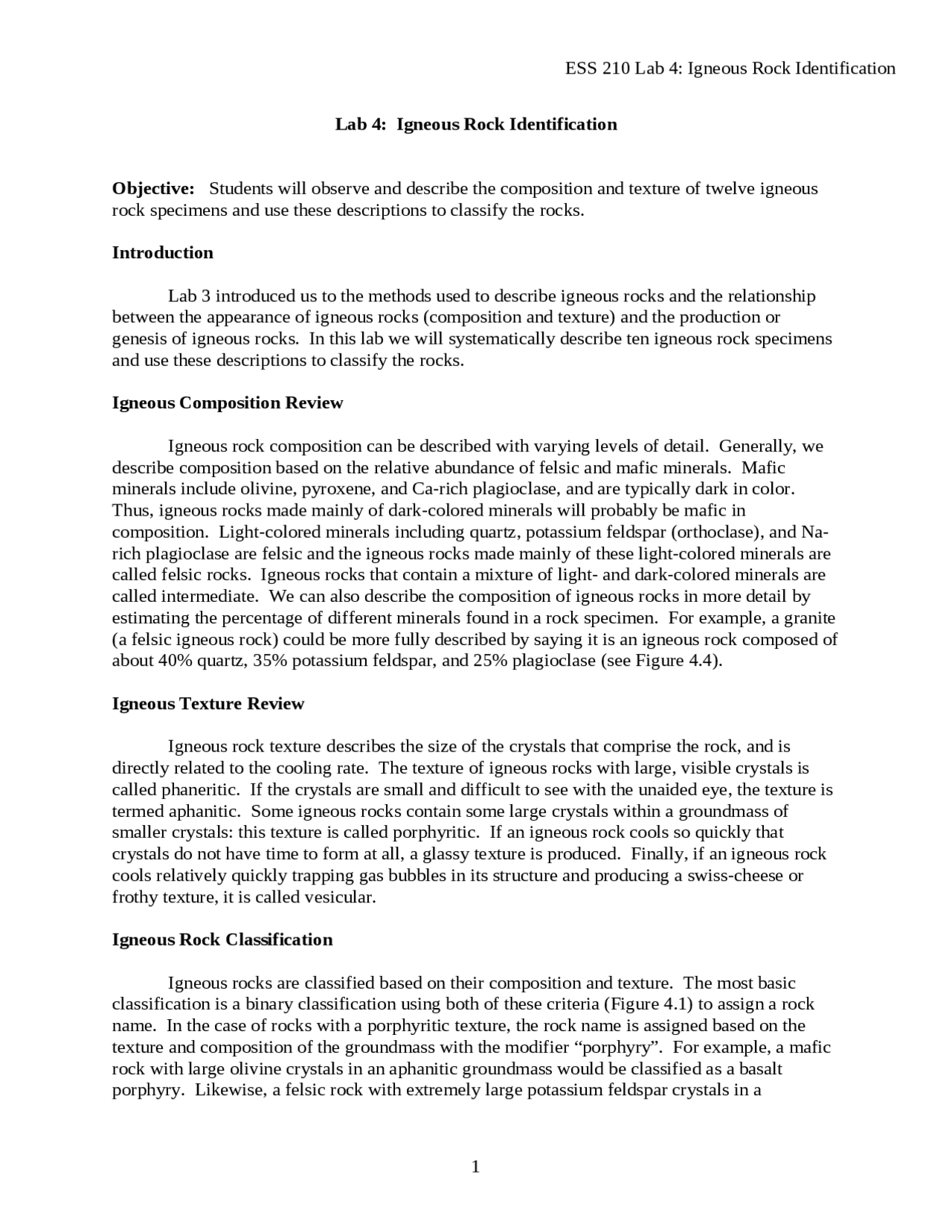 Igneous Rock Identification Physical Geology Ess 210 Docsity