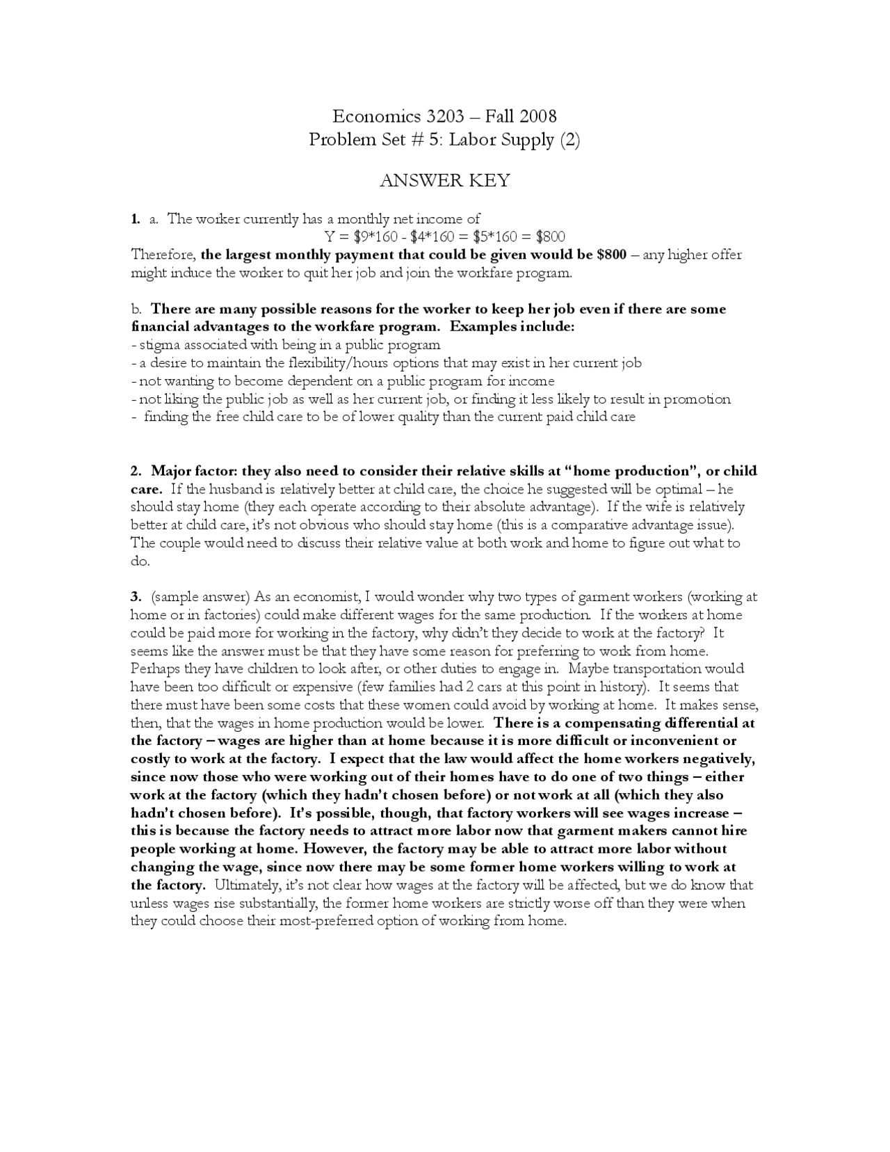 Economics Problem Set 5: Labor Supply and Home Production - Prof. Sarah Ellen Hamersma ...