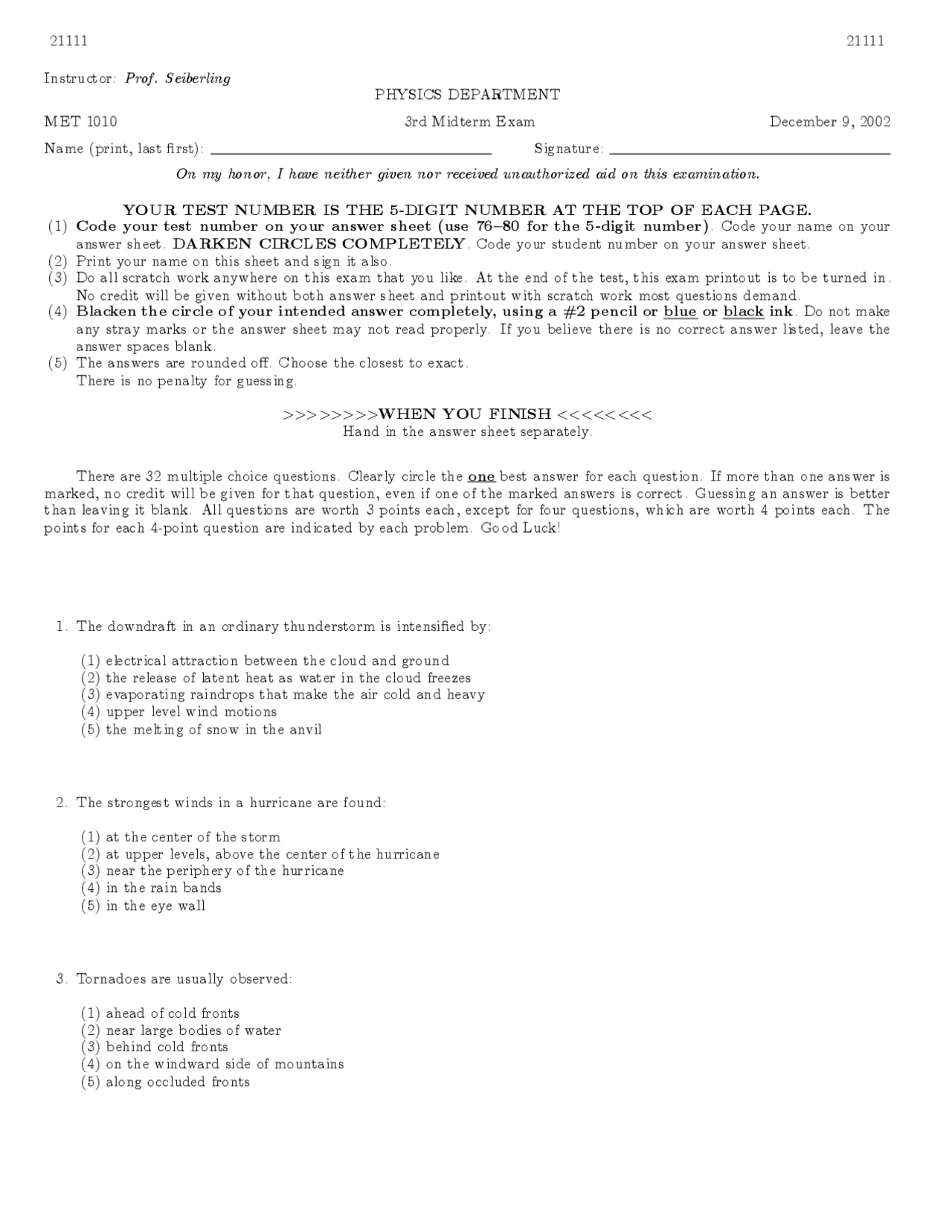 Midterm Exam 3 For Introduction To Weather Met 1010 Docsity