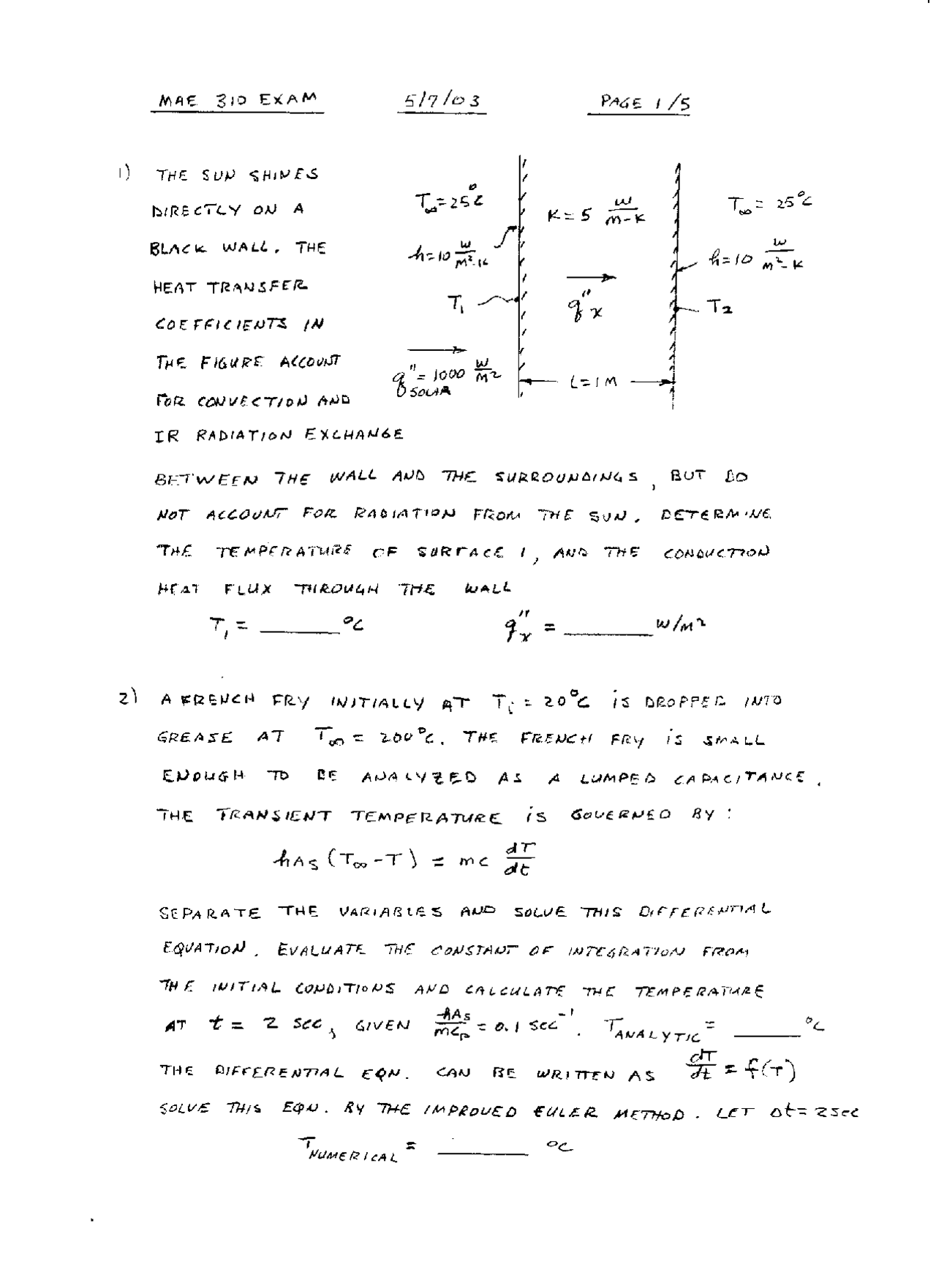 Solved Exam For Heat Transfer Fundamentals Mae 310 Docsity
