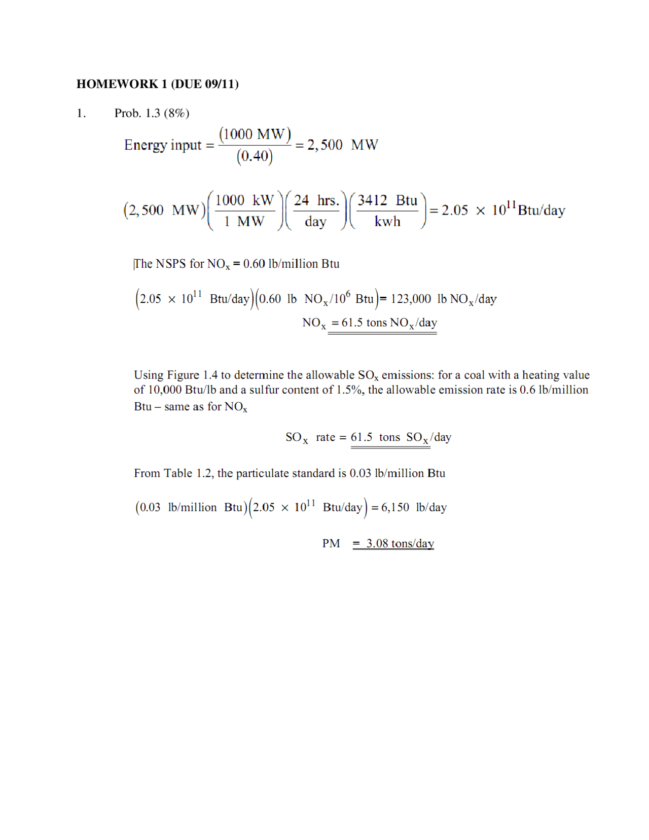 Air Pollution Control Homework 1 Solutions Env 4121 Docsity