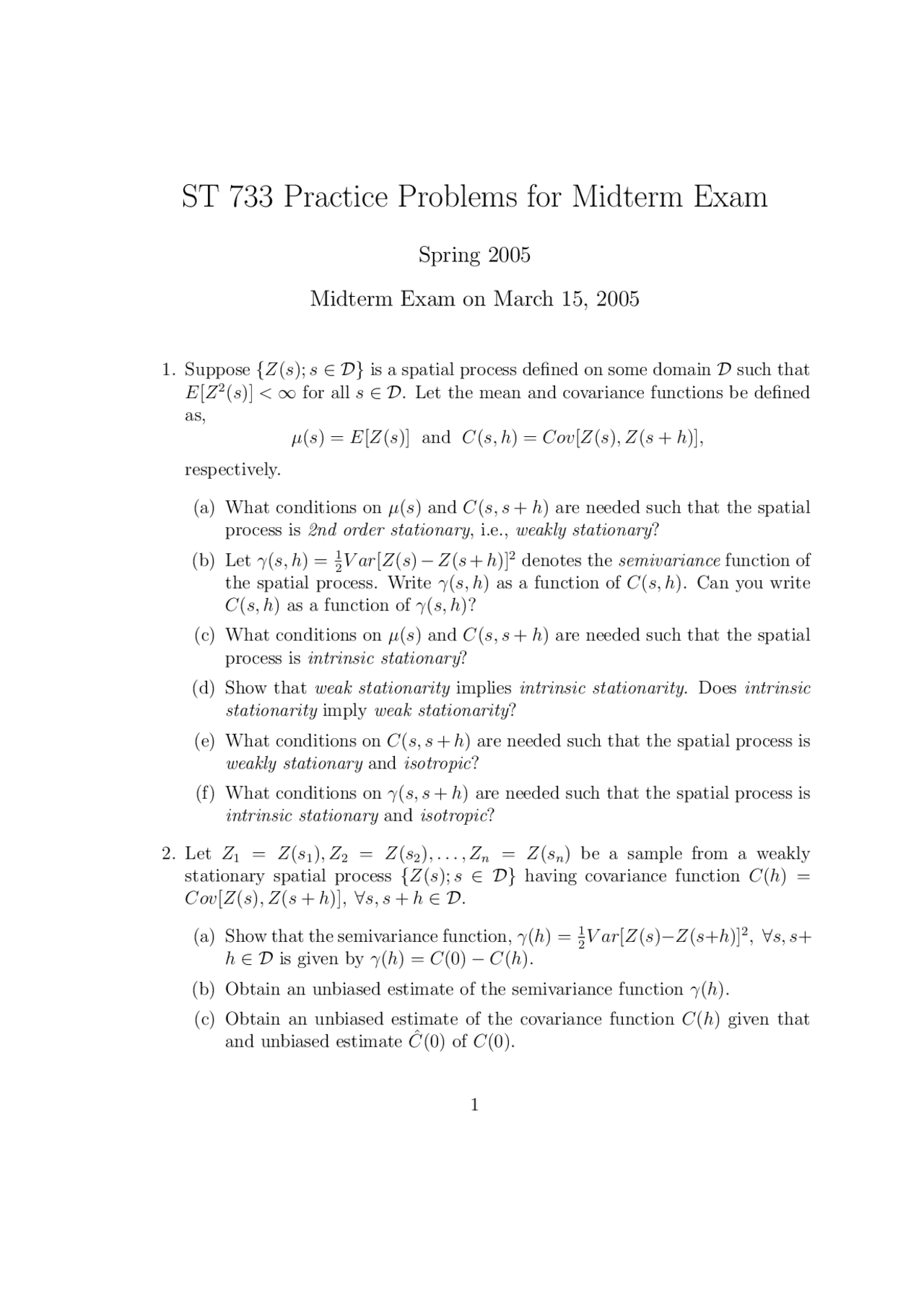 Practice Problems For Midterm Exam Applied Spatial Statistics St