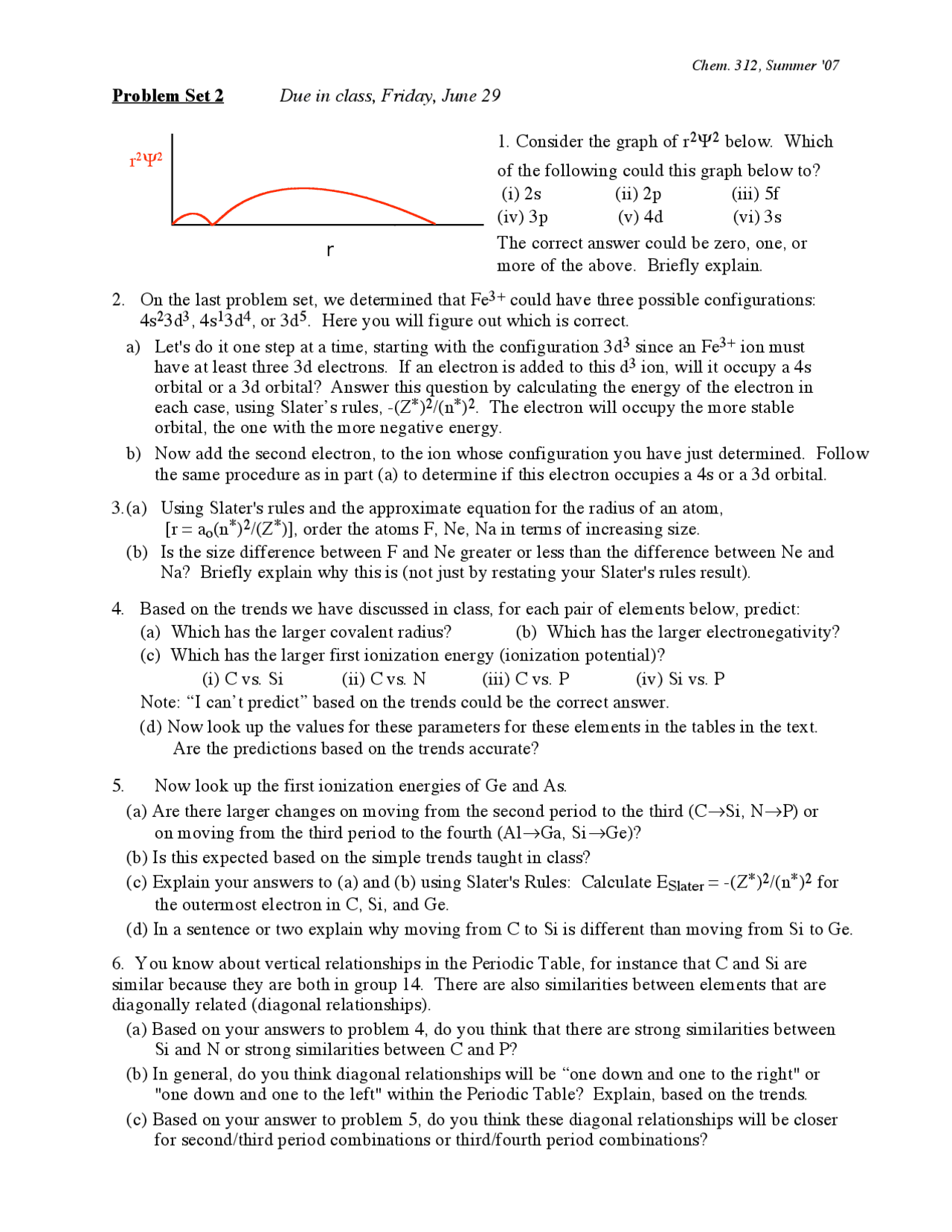 10 Questions For Inorganic Chemistry Problem Set 2 Chem 312 Docsity