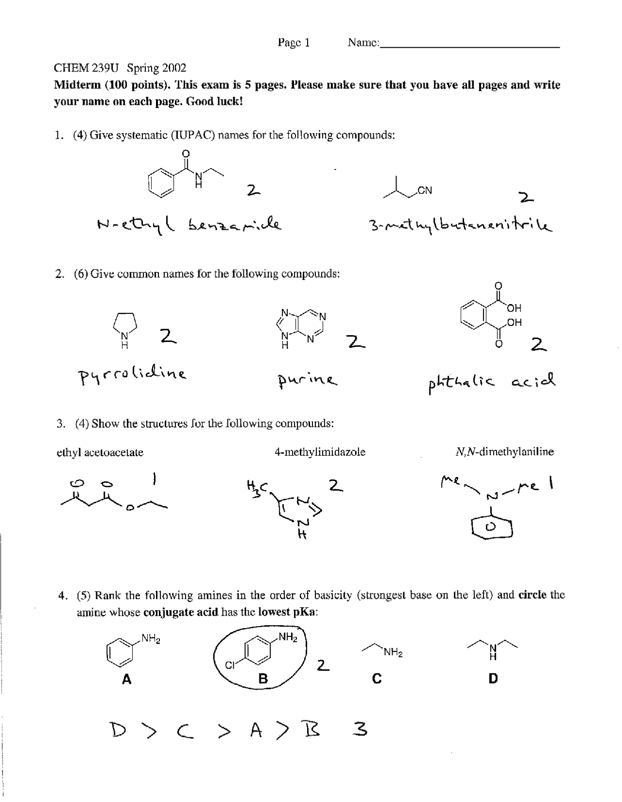 Midterm Exam Practice Questions - Organic Chemistry | CHEM 239 - Docsity