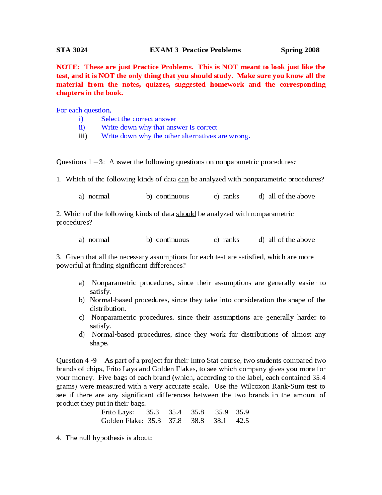 Exam 3 Practice Problems Introduction To Statistics Ii Sta 3024