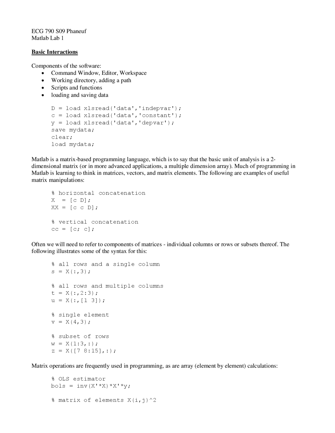 Basic Interaction For Matlab Lab 1 Ecg 790c Docsity
