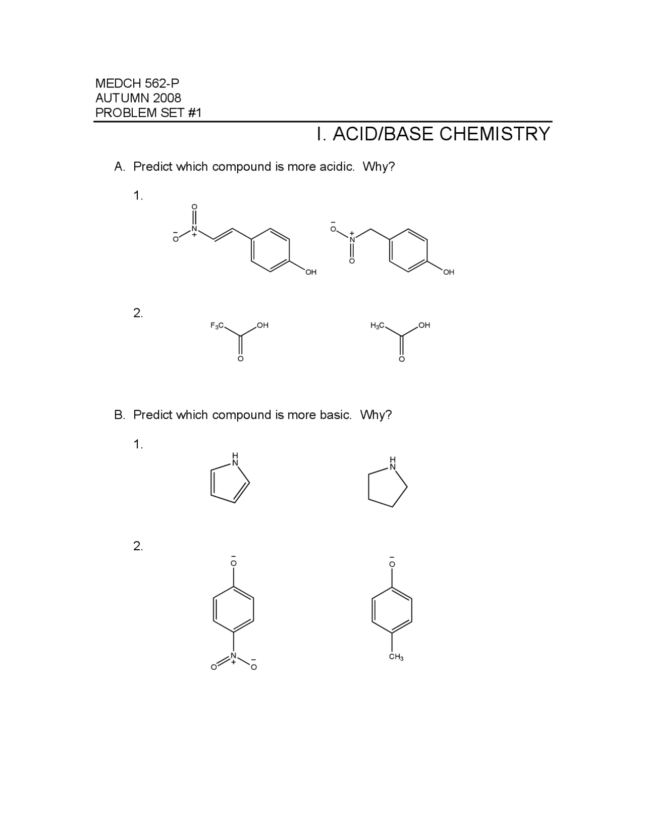 Acid Base Chemistry Problem Set 1 Medch 562 Docsity