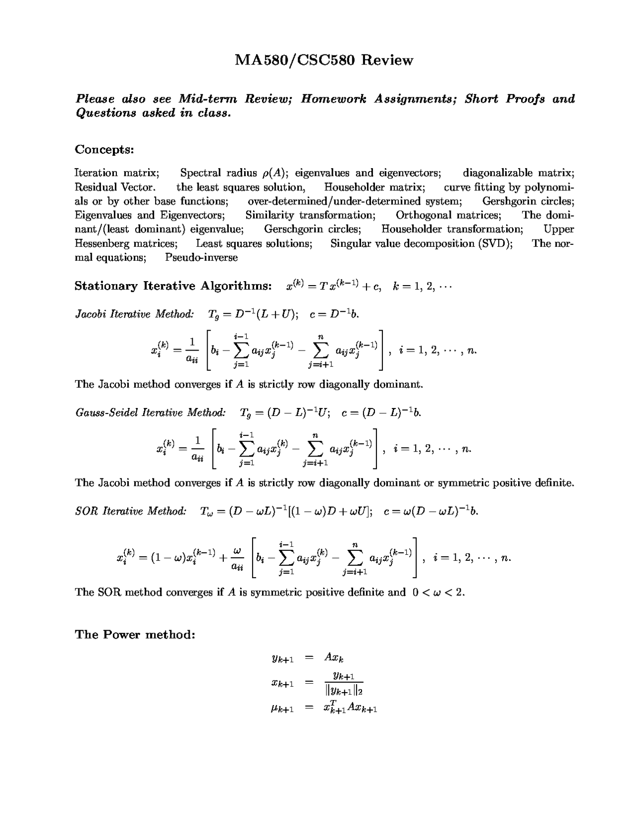 Midterm Review Sheet For Numerical Analysis I Ma 580 Docsity