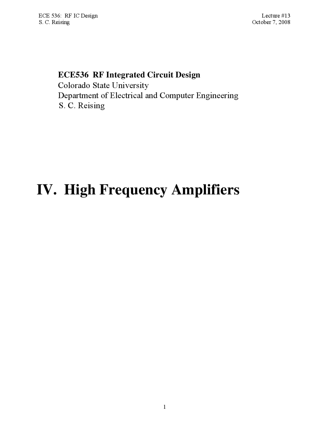 High Frequency Amplifiers - Integrated Circuit Design | ECE 536 - Docsity