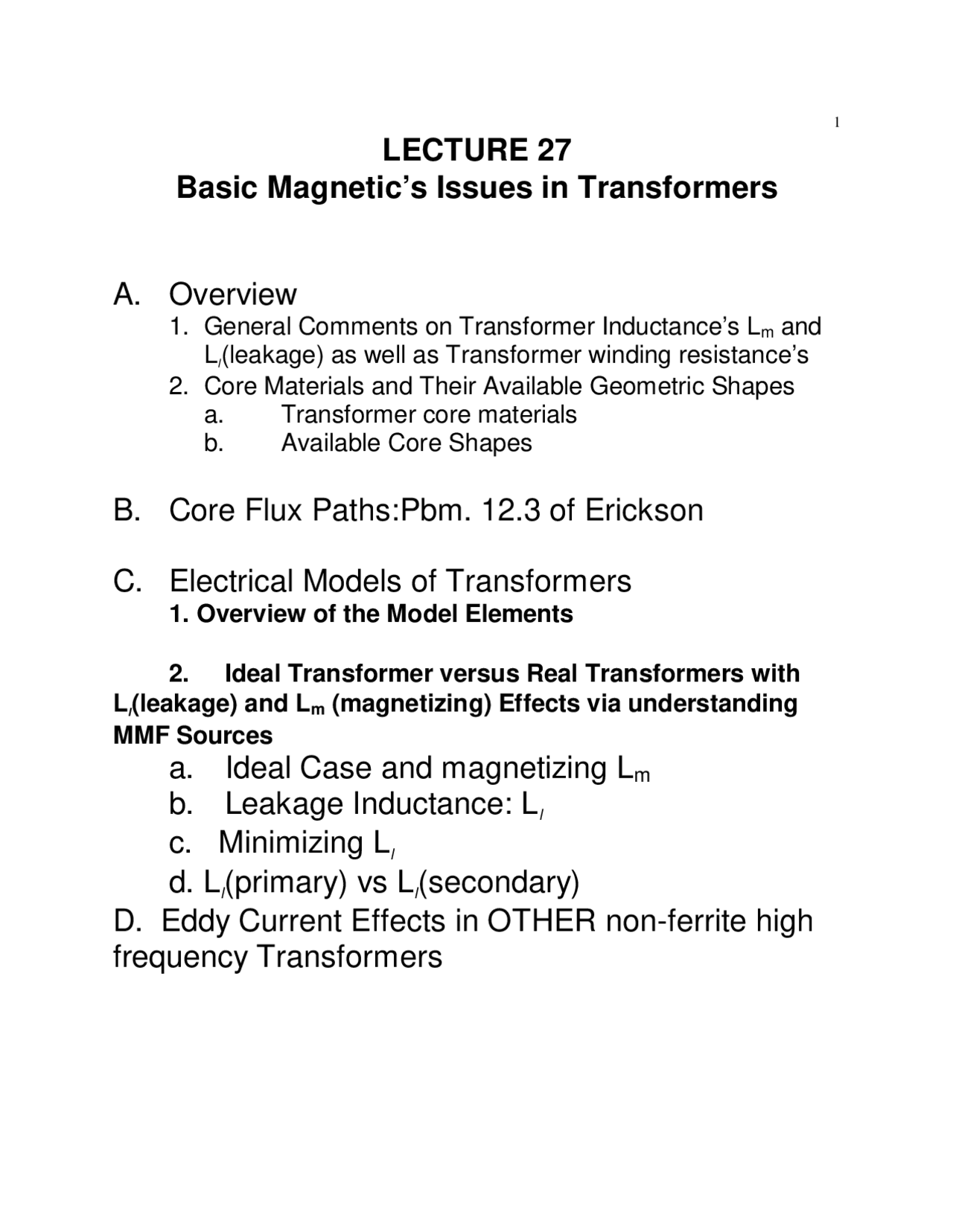 Basic Magnetics Issues In Transformers Power Electronics I Ece 562