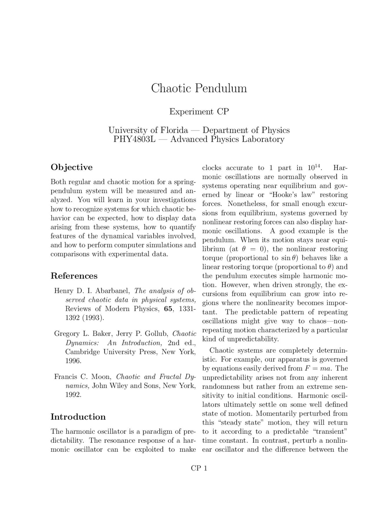 Experiment Cp Chaotic Pendulum Laboratory Physics 2 Phy 4803