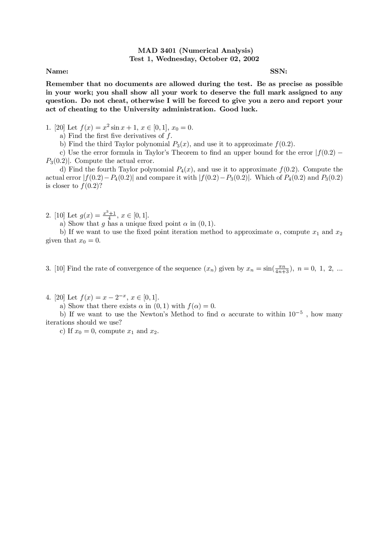 Test 1 Fall 2002 Numerical Analysis Mad 3401 Docsity