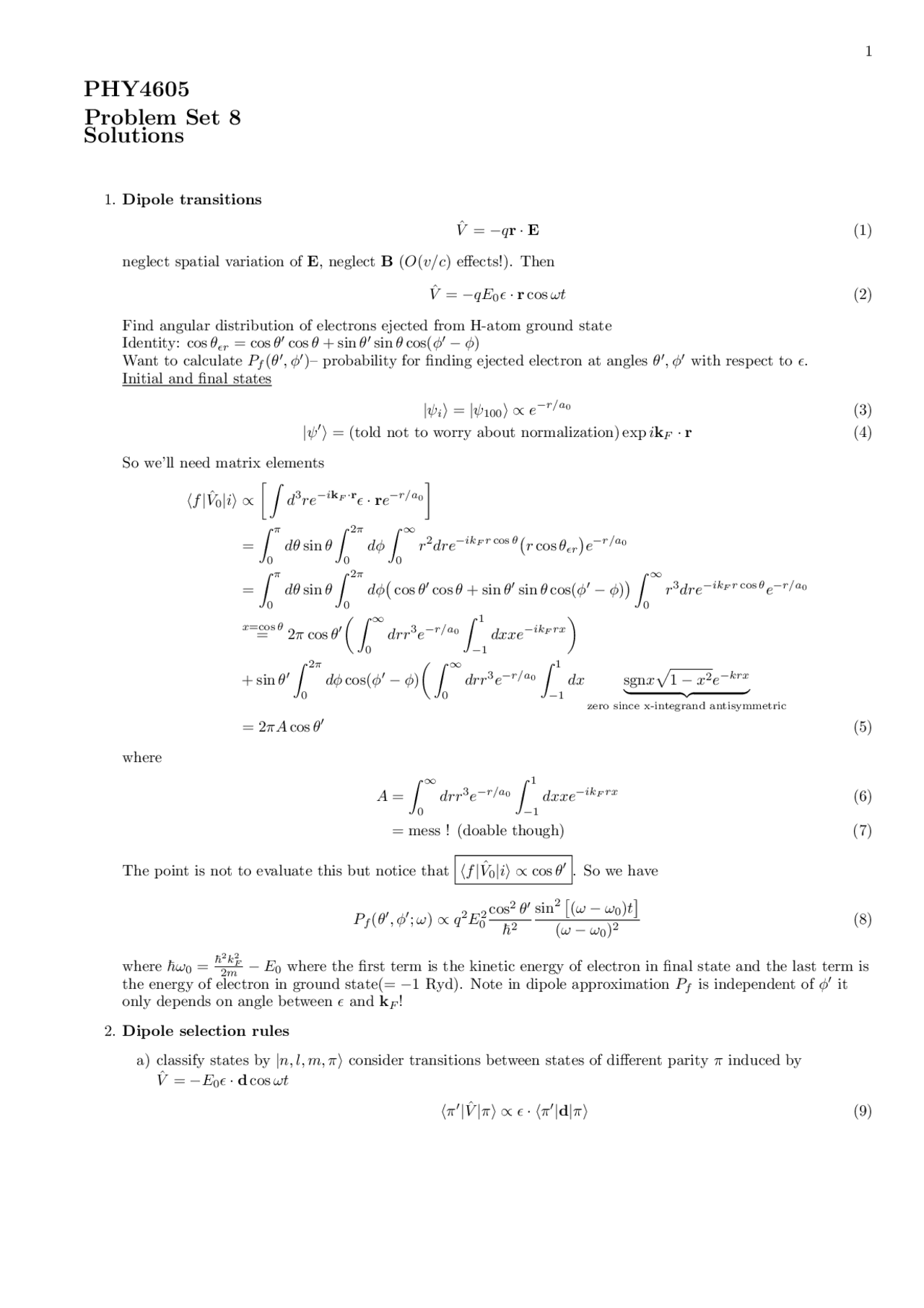 Problem Set 8 Solutions - Introduction to Quantum Mechanics II | PHY 4605 - Docsity