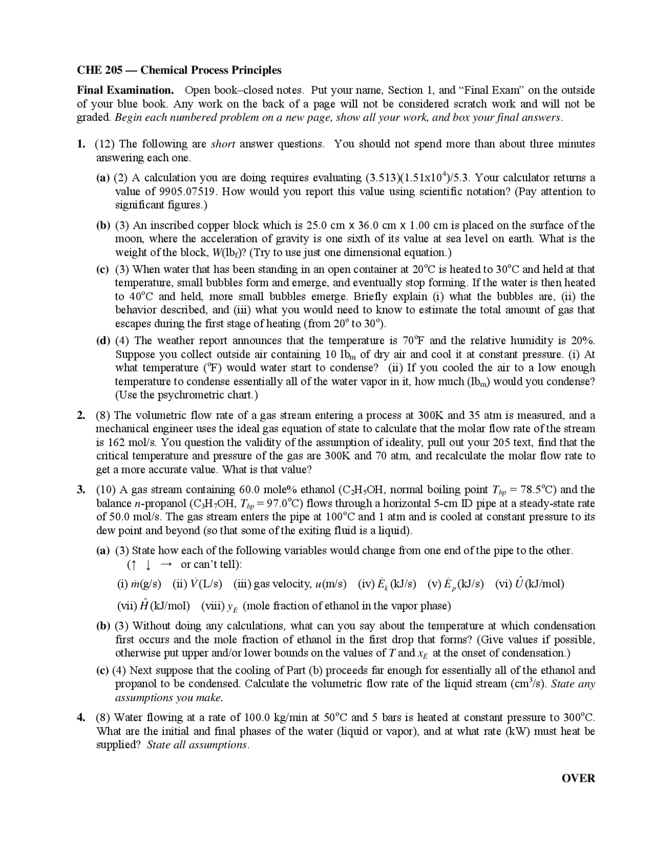 Final Exam Questions Chemical Process Principles Che 205 Docsity