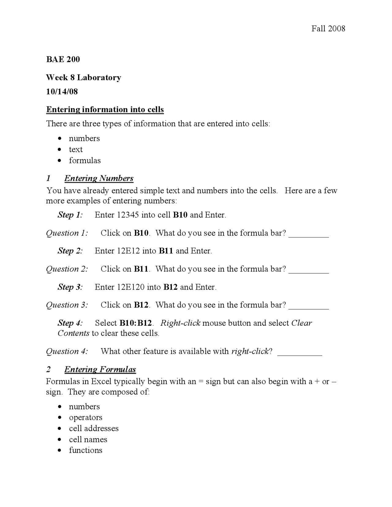 Excel Laboratory: Entering Numbers and Formulas in Week 8 - Prof. Mr ...